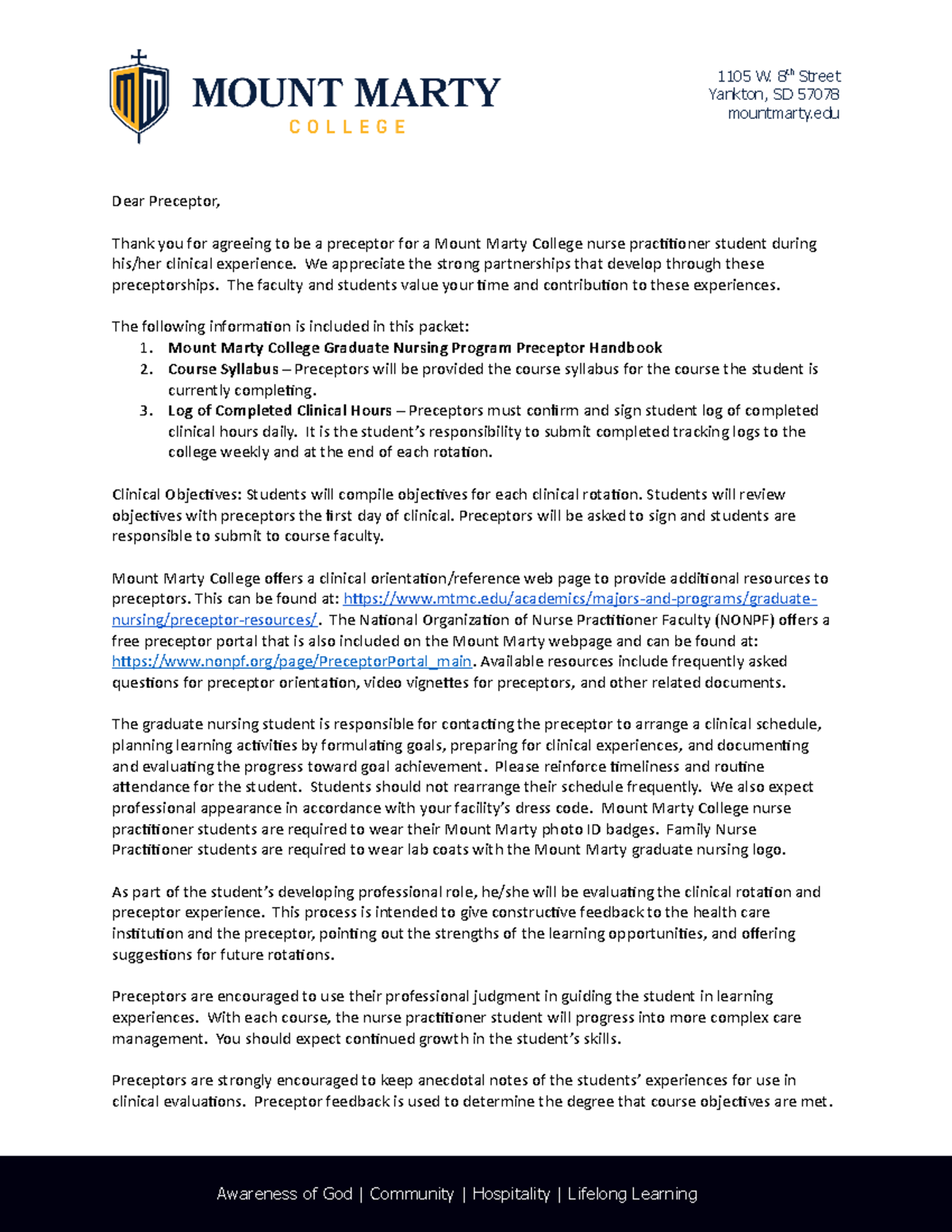 Preceptor introduction letter january 2020 - 1105 W. 8th Street Yankton ...