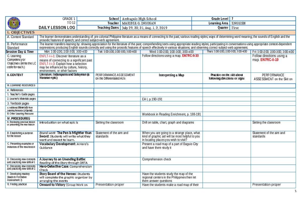 Week 10 - dll - GRADE 1 TO 12 DAILY LESSON LOG School Ambaguio High ...