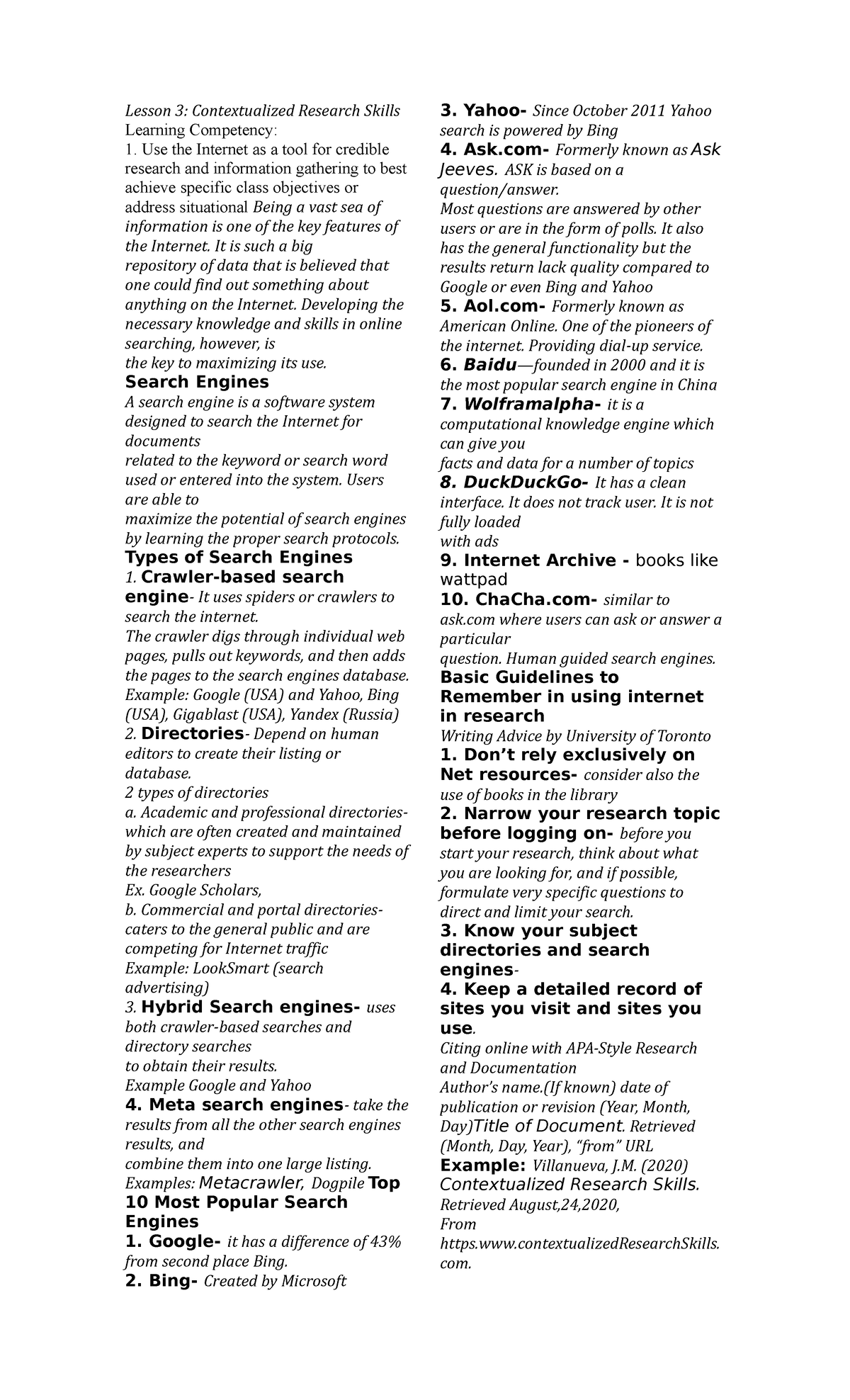 Etech reviewer - Lesson 3: Contextualized Research Skills Learning Competency: Use the Internet ...