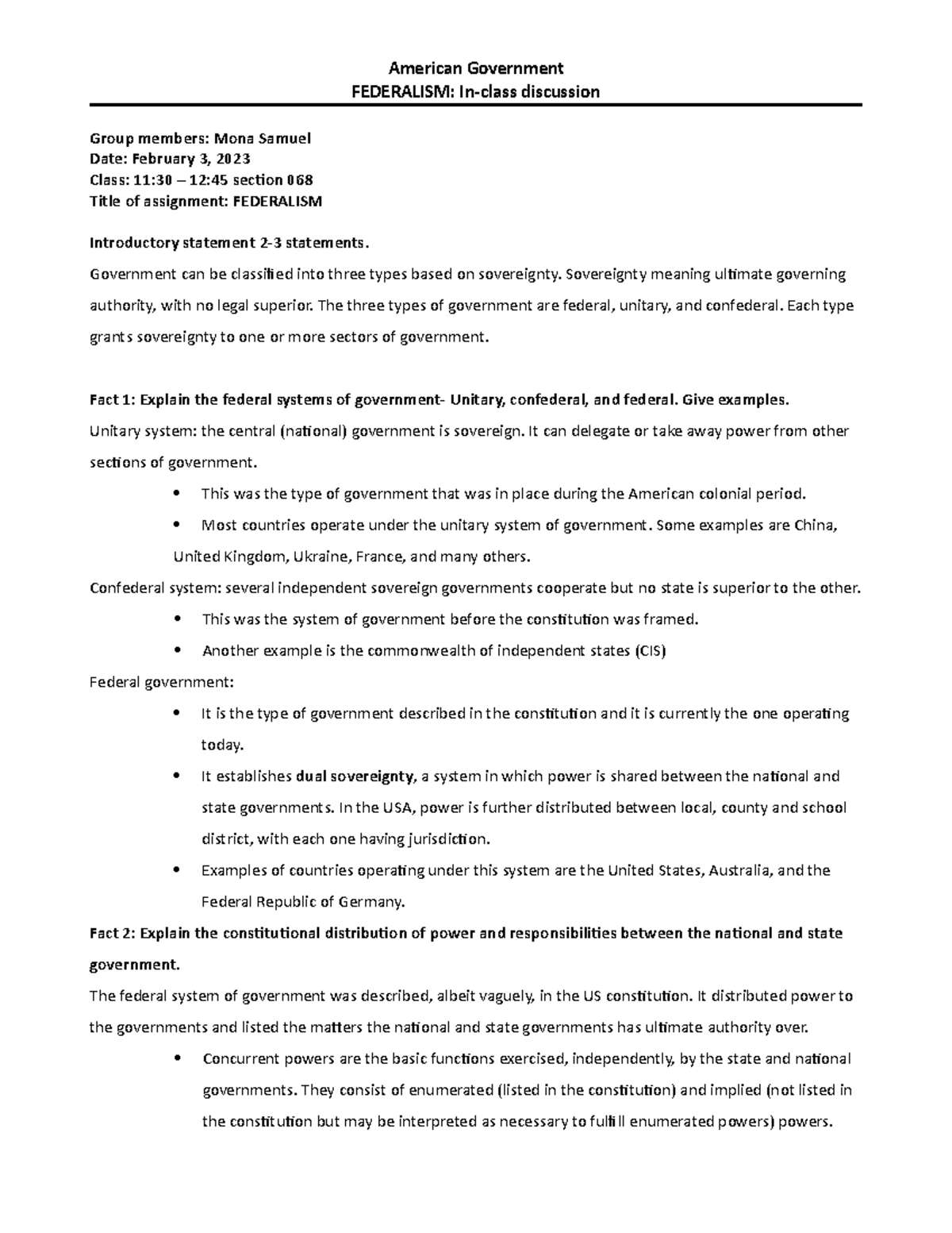 Samuel Federalism discussion - FEDERALISM: In-class discussion Group ...