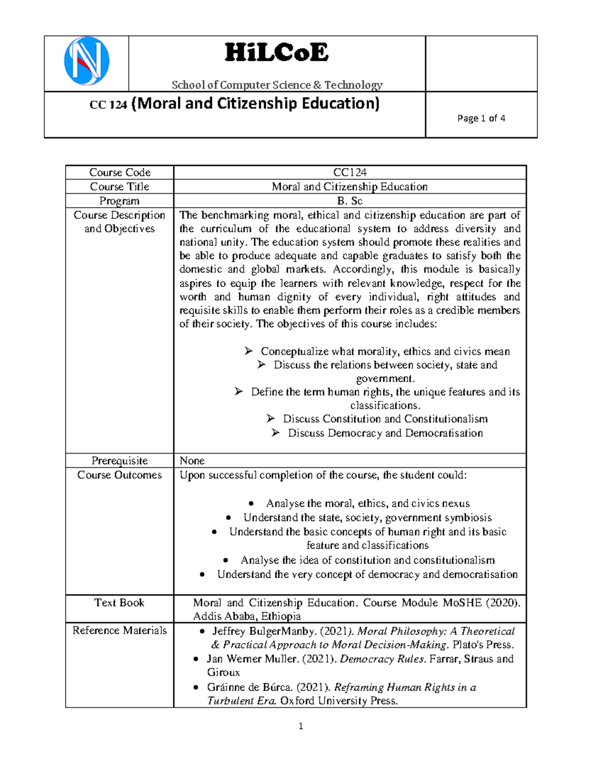 Moral Course Outline CC124 - School of Computer Science & Technology CC ...
