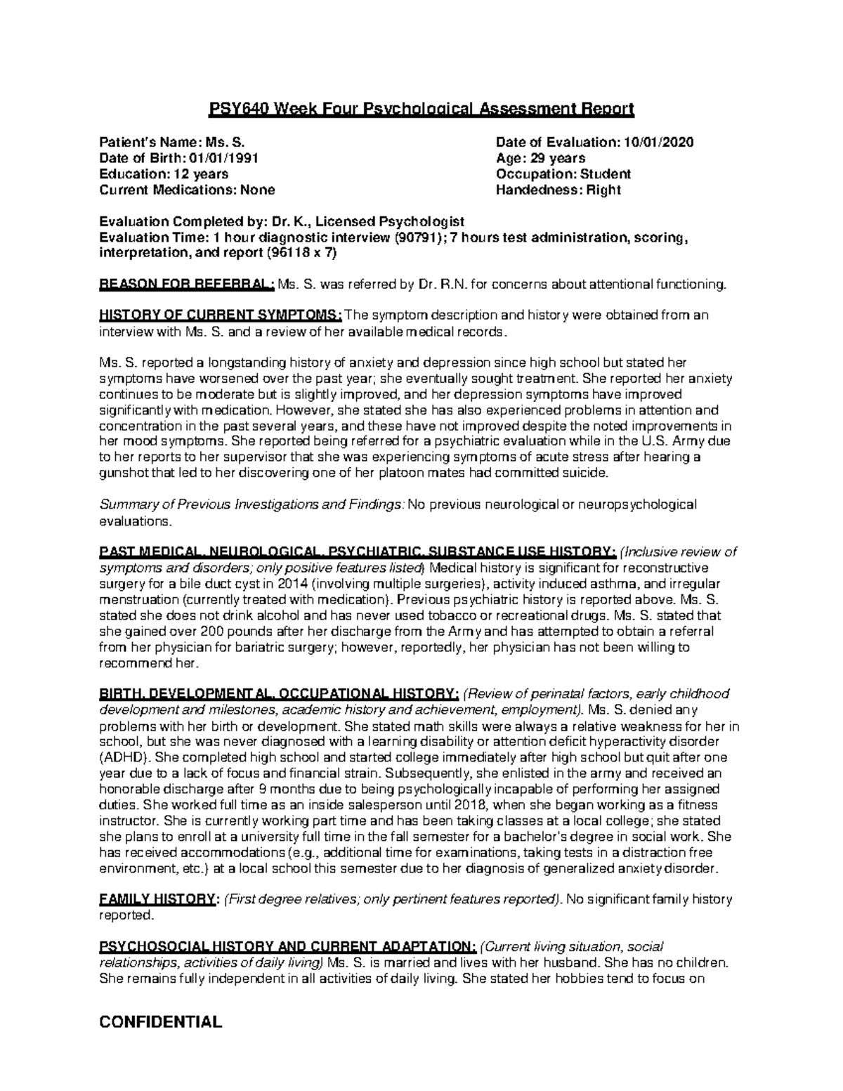 PSY640 Week Four Psychological Assessment Report-Violet-PC - PSY640 Week Four Psychological ...