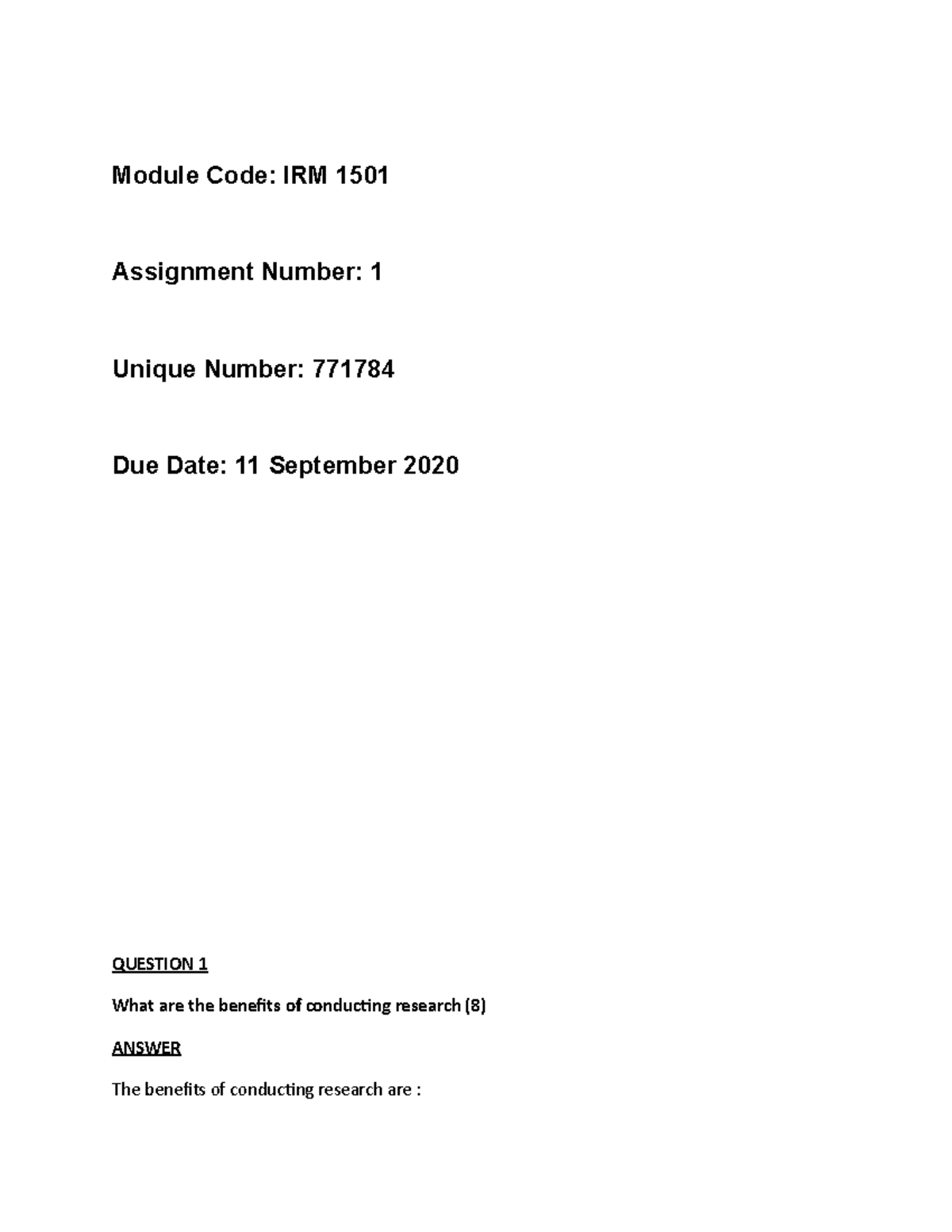 Irm S2 2020 Assignments Module Code Irm 1501 Assignment Number 1 Unique Number 771784 Due