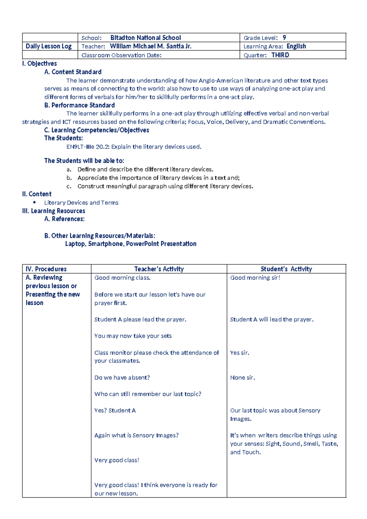 Lp9 - detailed lesson plan in english - School: Bitadton National ...
