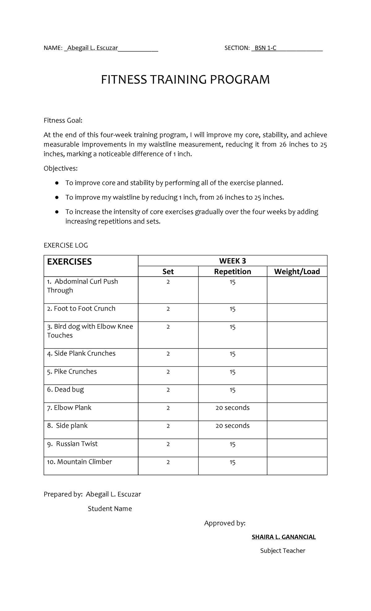 Fitness Training Program Format Updated WEEK 3 - NAME: Abegail L ...