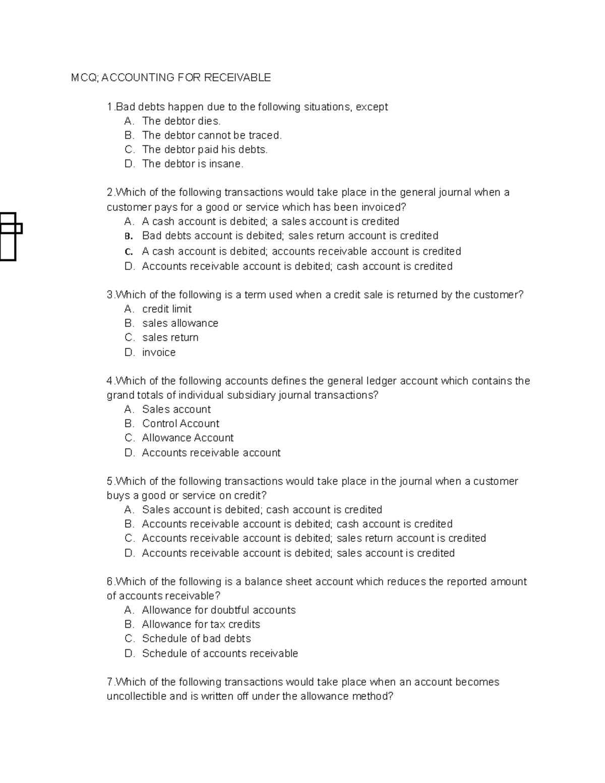 MCQ CH7 AR student - mcq for ups - MCQ; ACCOUNTING FOR RECEIVABLE 1 ...