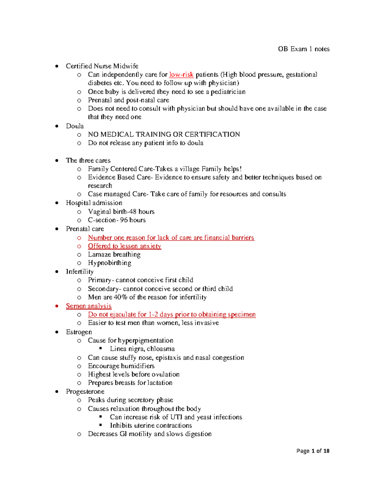 Exam 1 study guide 1 - kfmoek - OB Exam 1 notes • Certified Nurse ...
