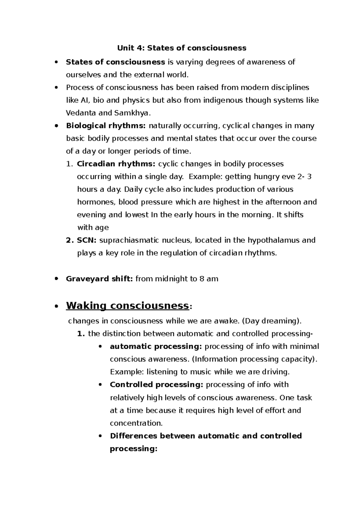 Unit 4 psych pros - notes - Unit 4: States of consciousness States of ...