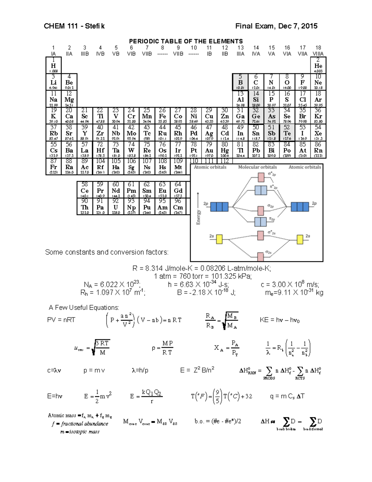 2015 Final A withkey - Practice Material for CHEM 111 Stefik - CHEM 111 - Stefik Final Exam, Dec ...