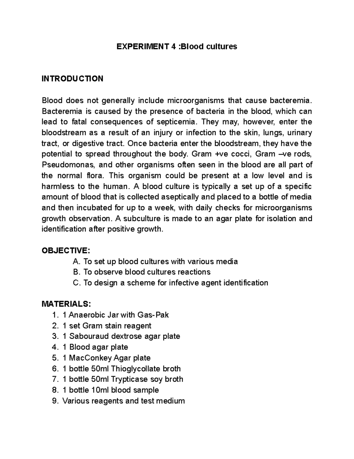 MIC346 Lab Assignment - EXPERIMENT 4 :Blood cultures INTRODUCTION Blood ...