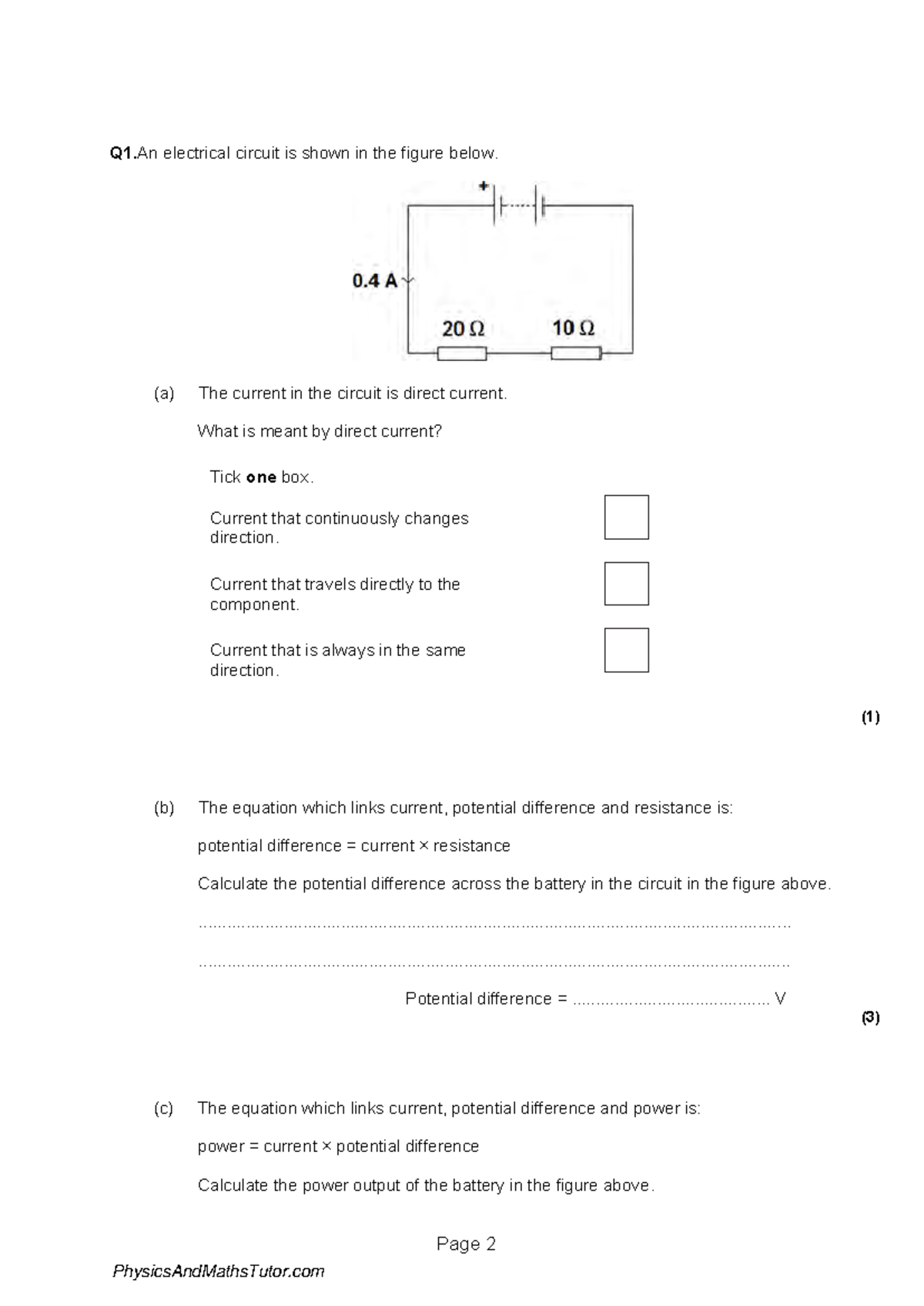 Current, Potential Difference & Resistance 1 QP - Page 2 Q1 electrical ...