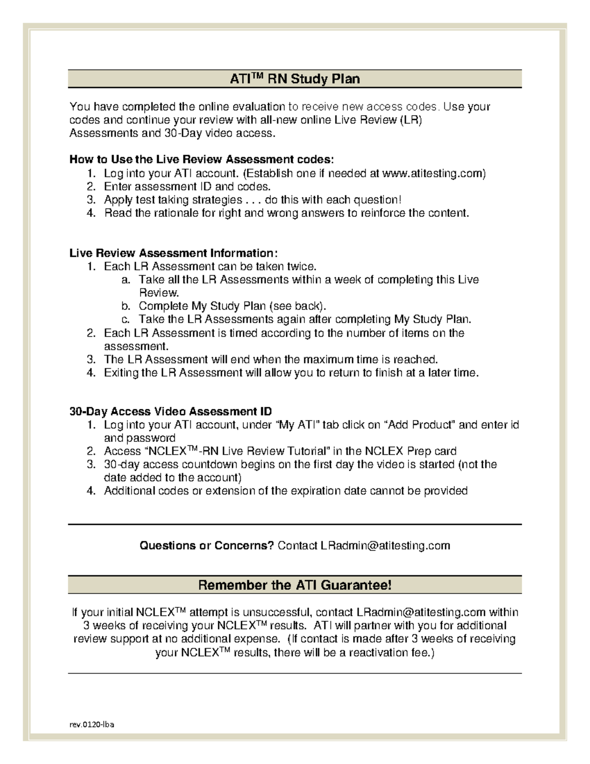 Comprehensive RN Study plan 2020 - rev-lba ATITM RN Study Plan You have ...