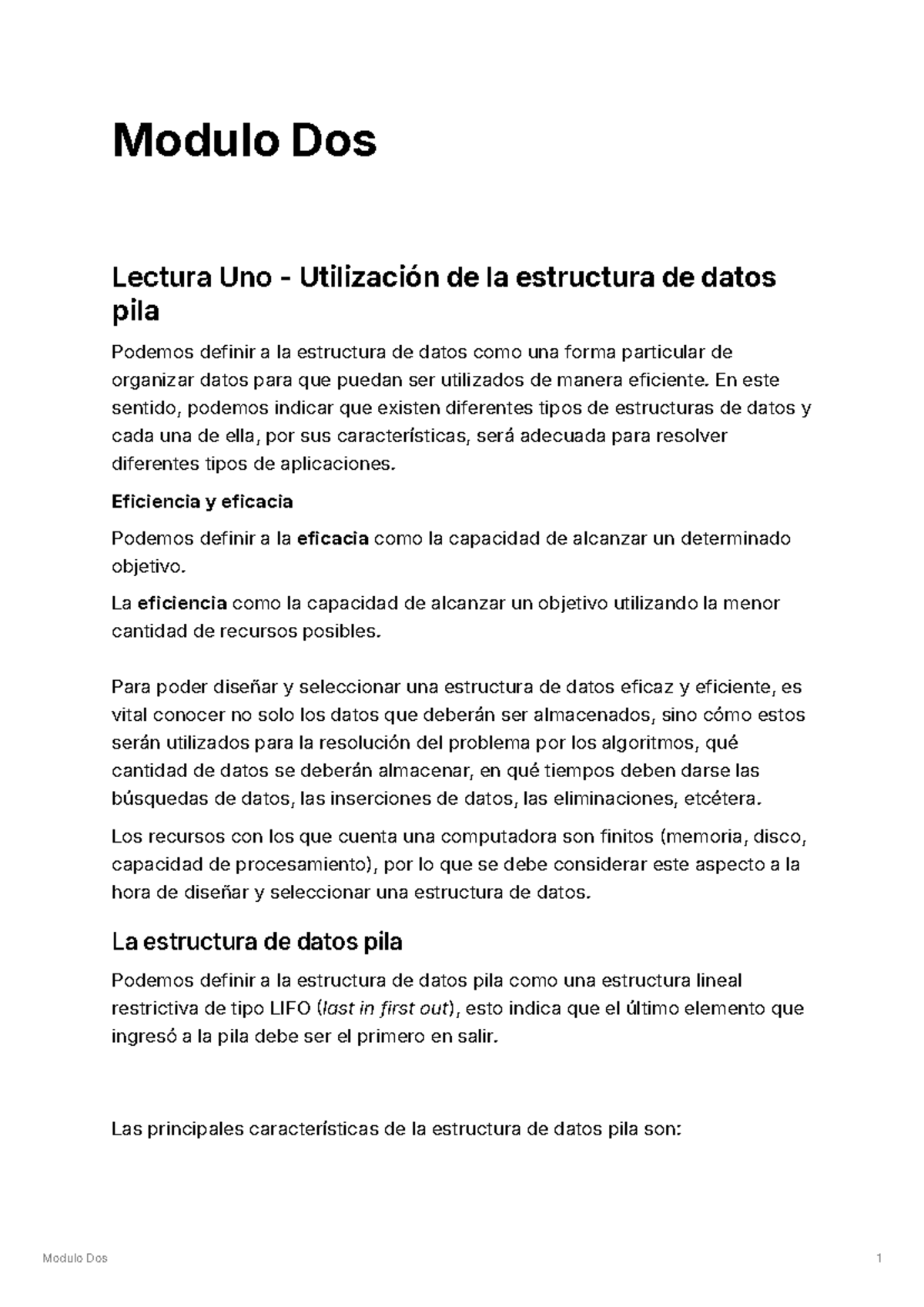 Resumen modulo 2 TAED - Modulo Dos Lectura Uno - Utilización de la estructura de datos pila ...