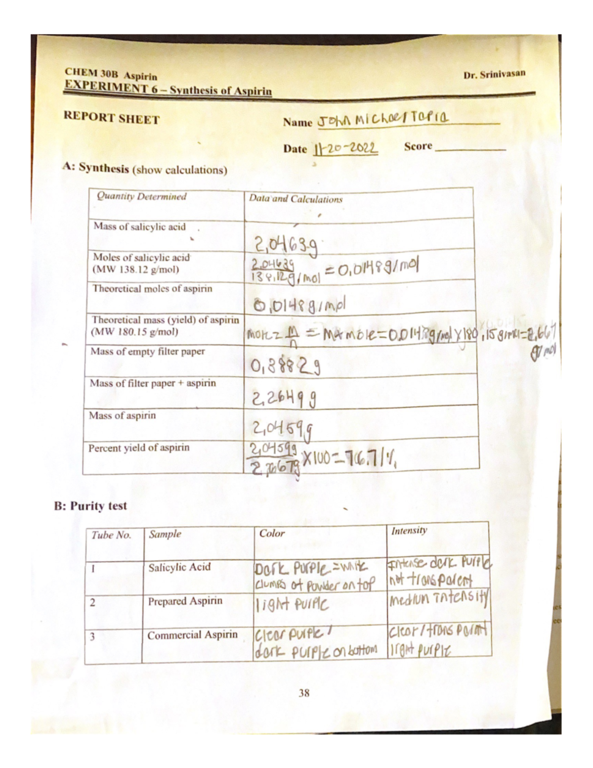 Experiment 6 Synthesis Of Asprin Worksheet - Chem 30B - Studocu