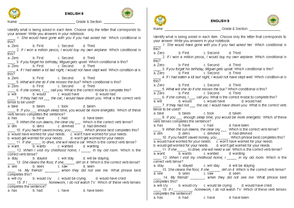 Conditionals - assessment - ENGLISH 9 Name ...