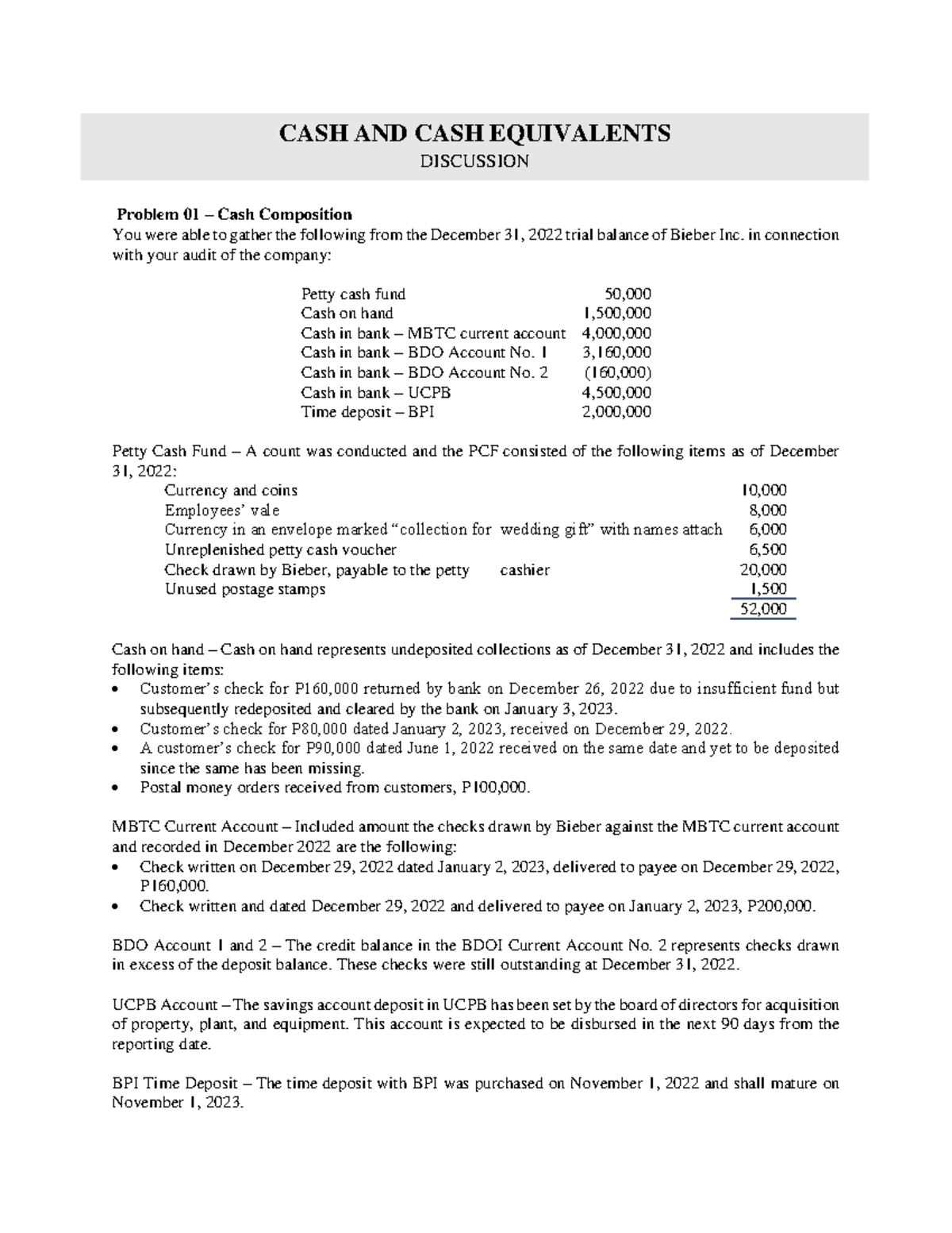 CASH AND CASH Equivalents Handout - Problem 01 – Cash Composition You ...