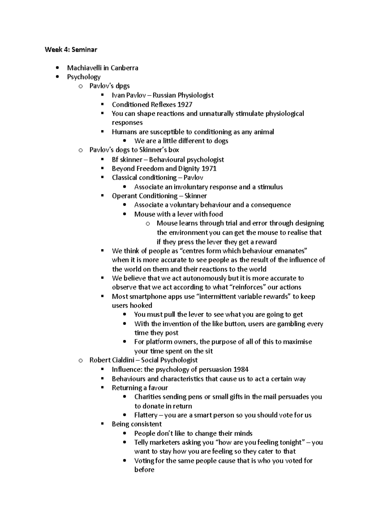 Week 4 Seminar Notes - Week 4: Seminar Machiavelli in Canberra ...