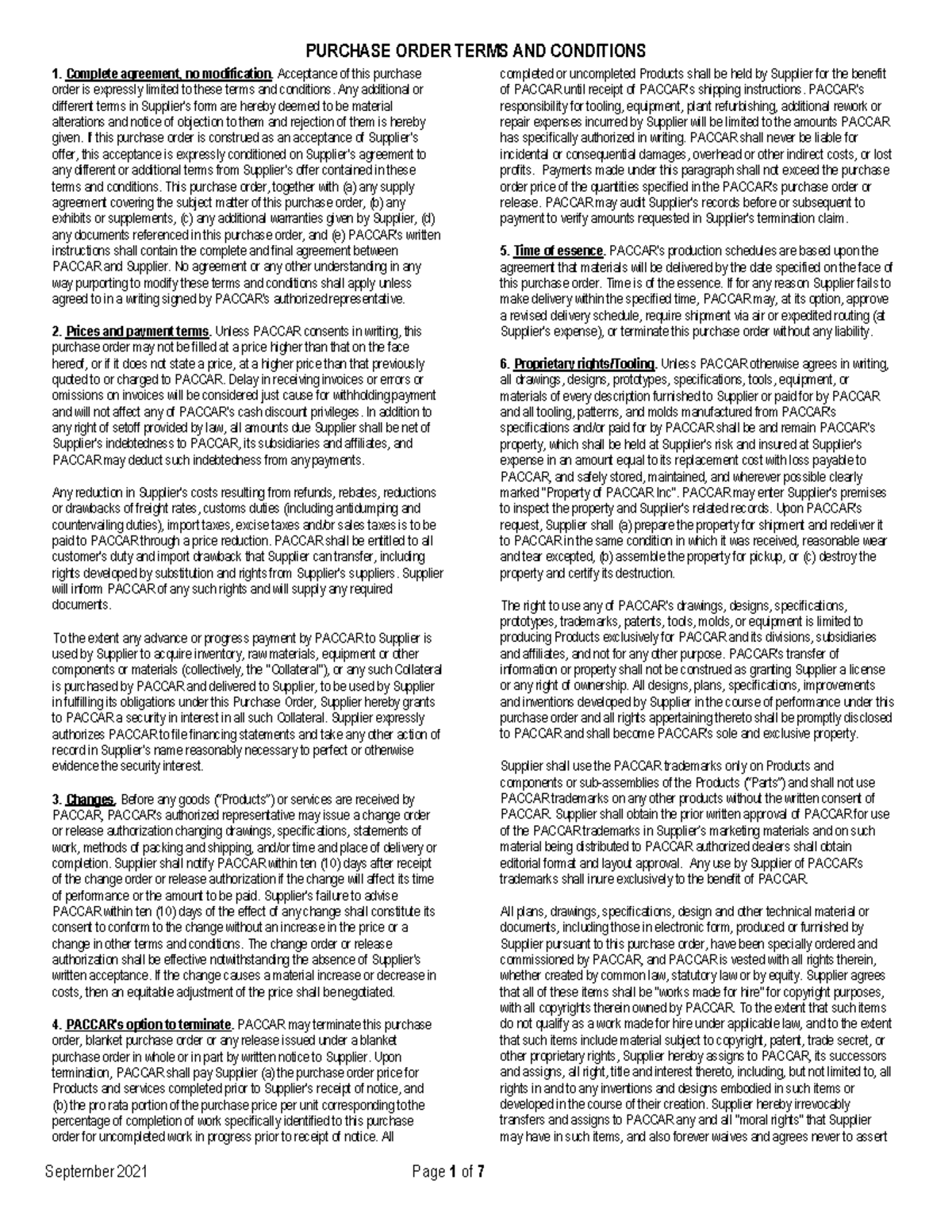 Paccar Standard Purchase Terms and Conditions - Complete agreement, no ...