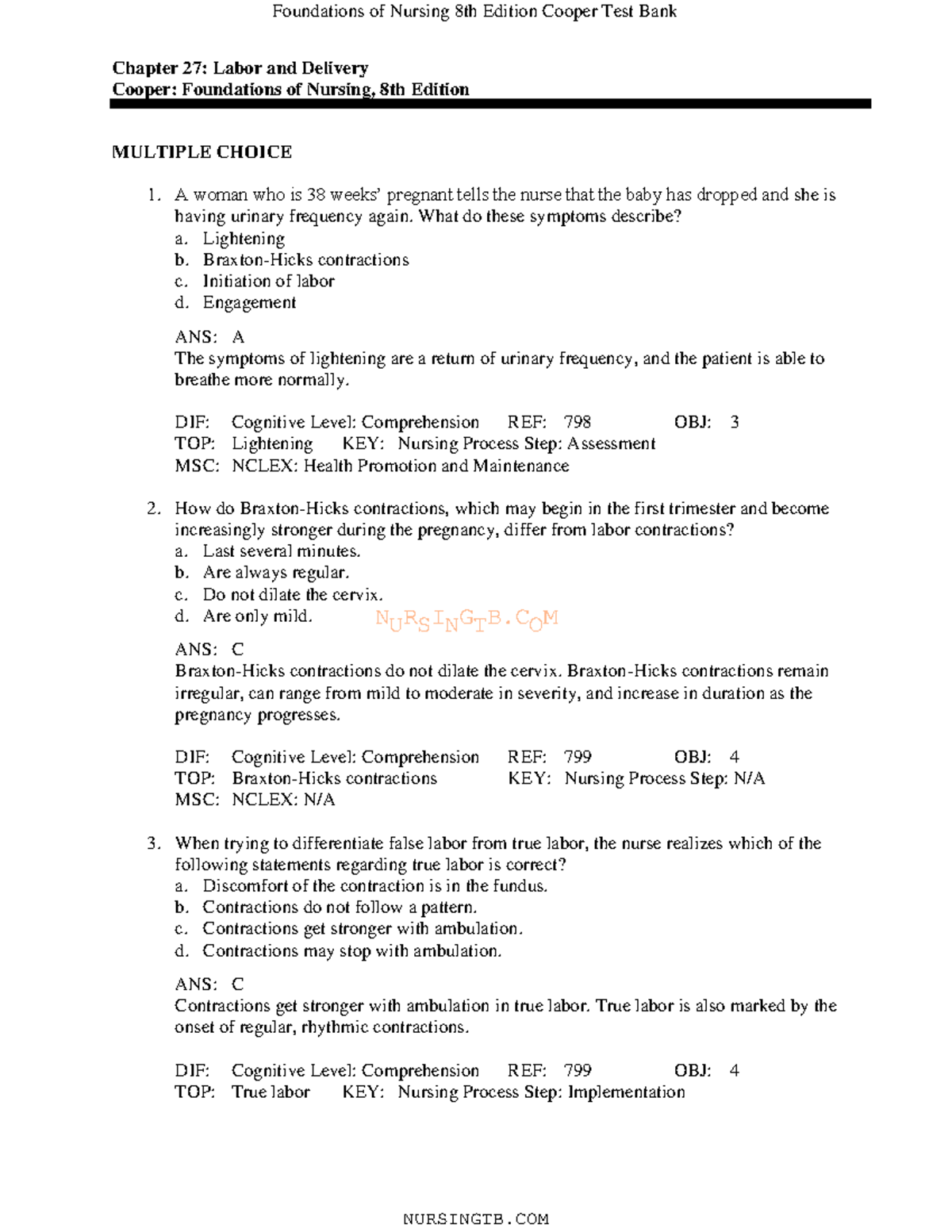 27 - Test bank - NURSINGTB Chapter 27: Labor and Delivery Cooper ...