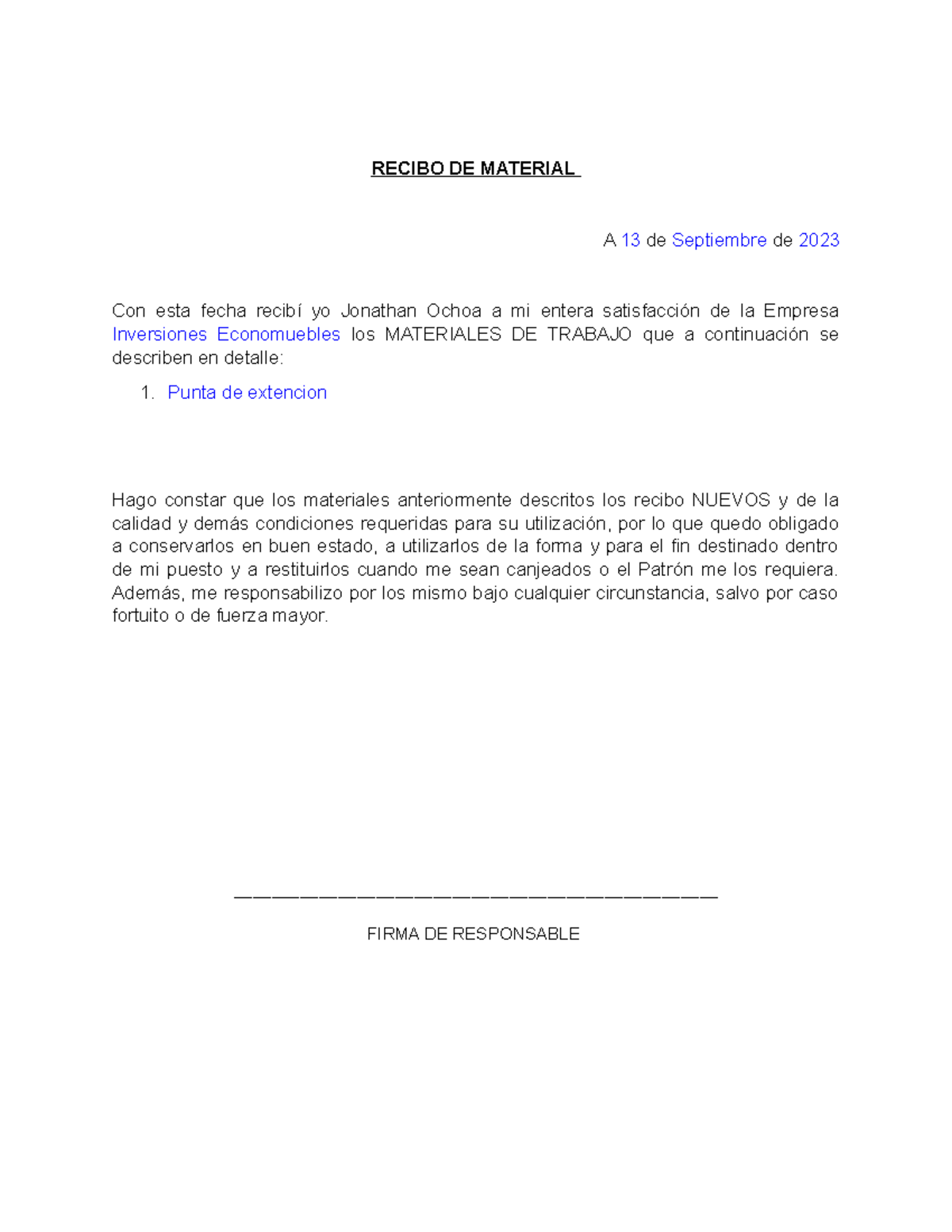 Recibo DE Material - RECIBO DE MATERIAL A 13 de Septiembre de 2023 Con ...