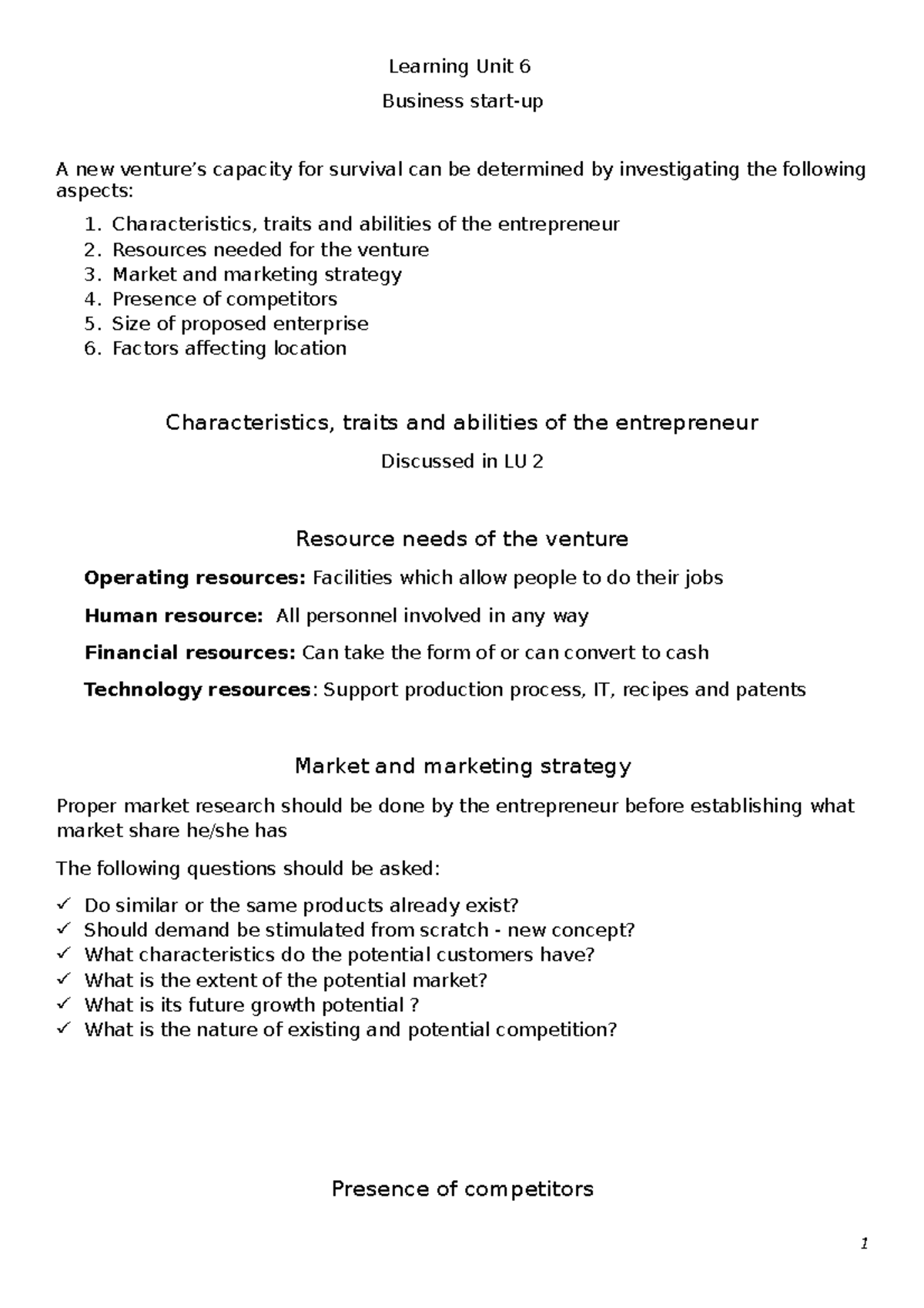 Learning Unit 6 - These business management summaries will assist you ...