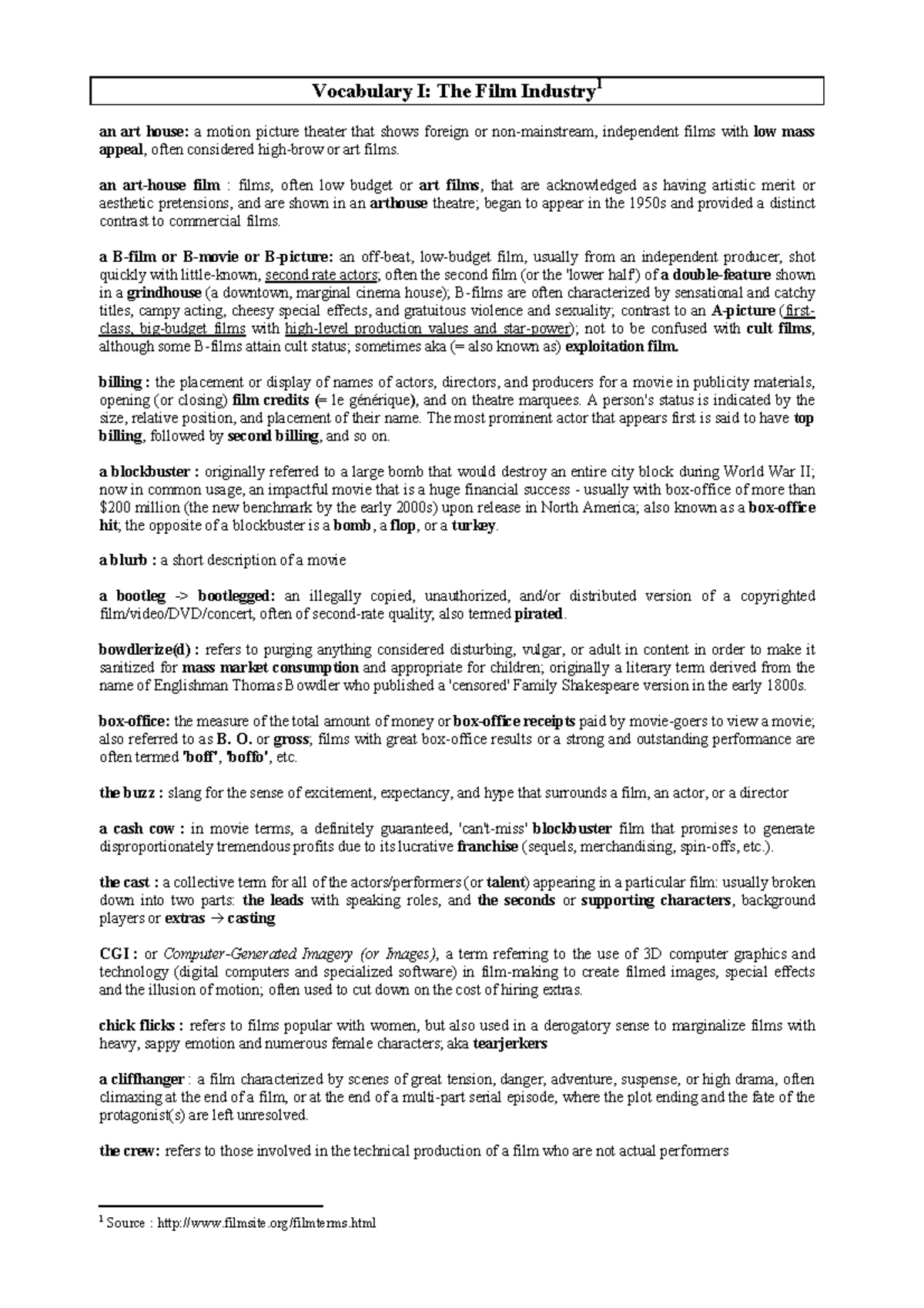 Film-Vocabulary - list - Vocabulary I: The Film Industry 1 an art house ...