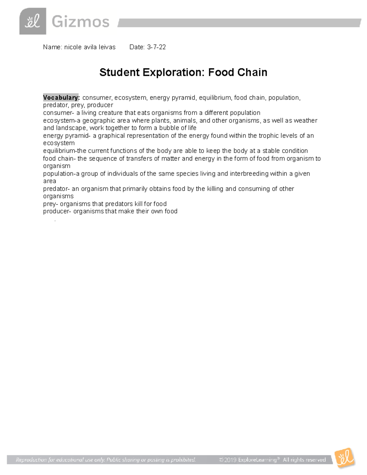 Food chain gizmos answers for worksheet - Name: nicole avila leivas ...