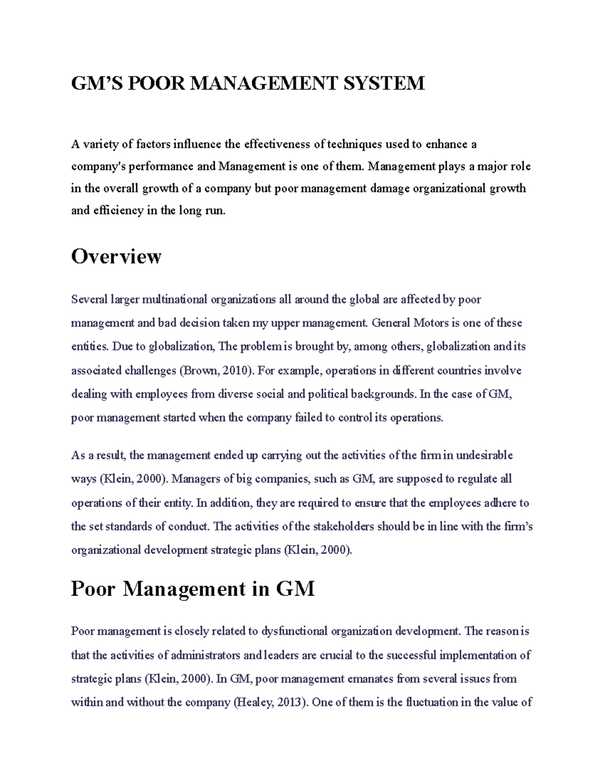 GM - general motors - GM’S POOR MANAGEMENT SYSTEM A variety of factors ...