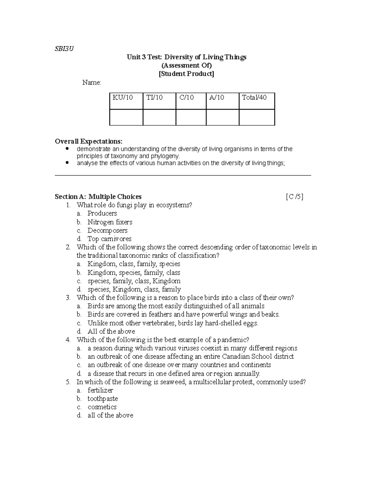 Assignement biology on biodiversity and plants - SBI3U Unit 3 Test ...