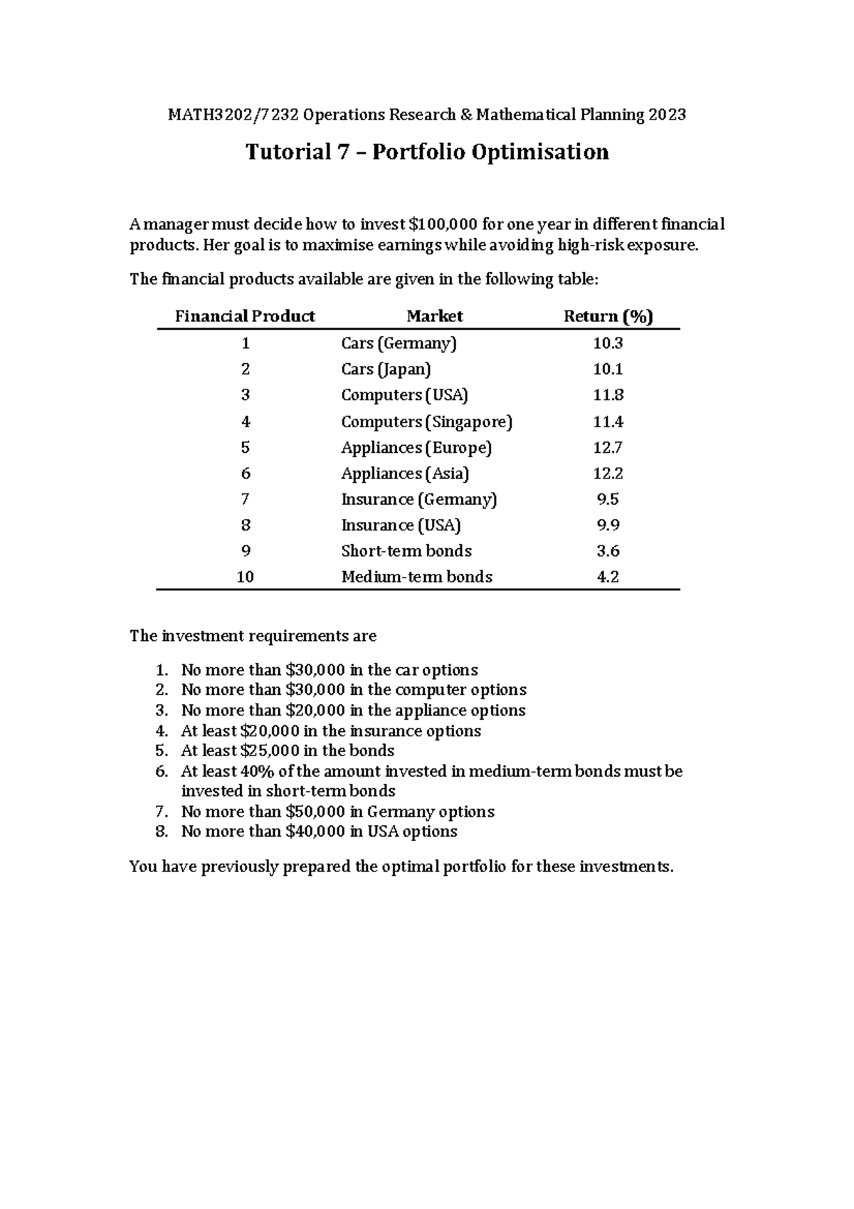 Week-7 Portfolio - Lecture notes optmisation - MATH3202/7232 Operations ...