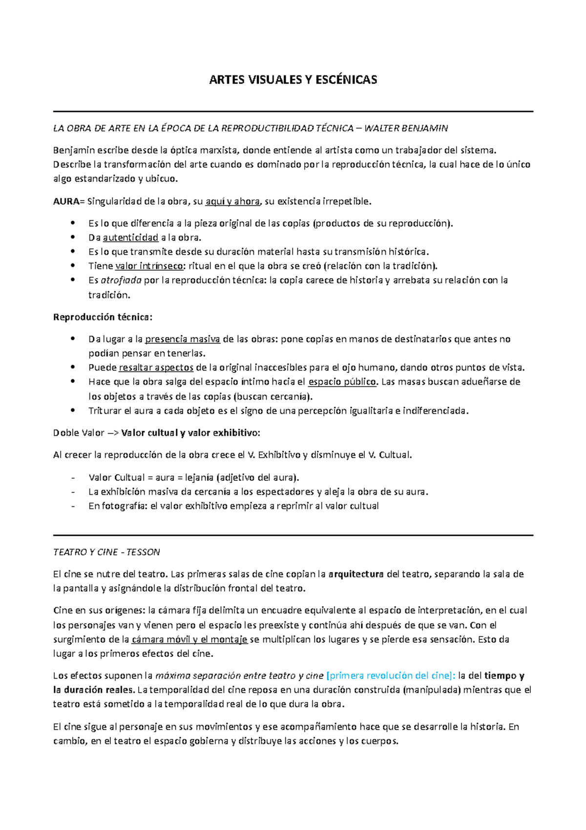 Artes VYE Resumen - ARTES VISUALES Y ESCÉNICAS LA OBRA DE ARTE EN LA ...
