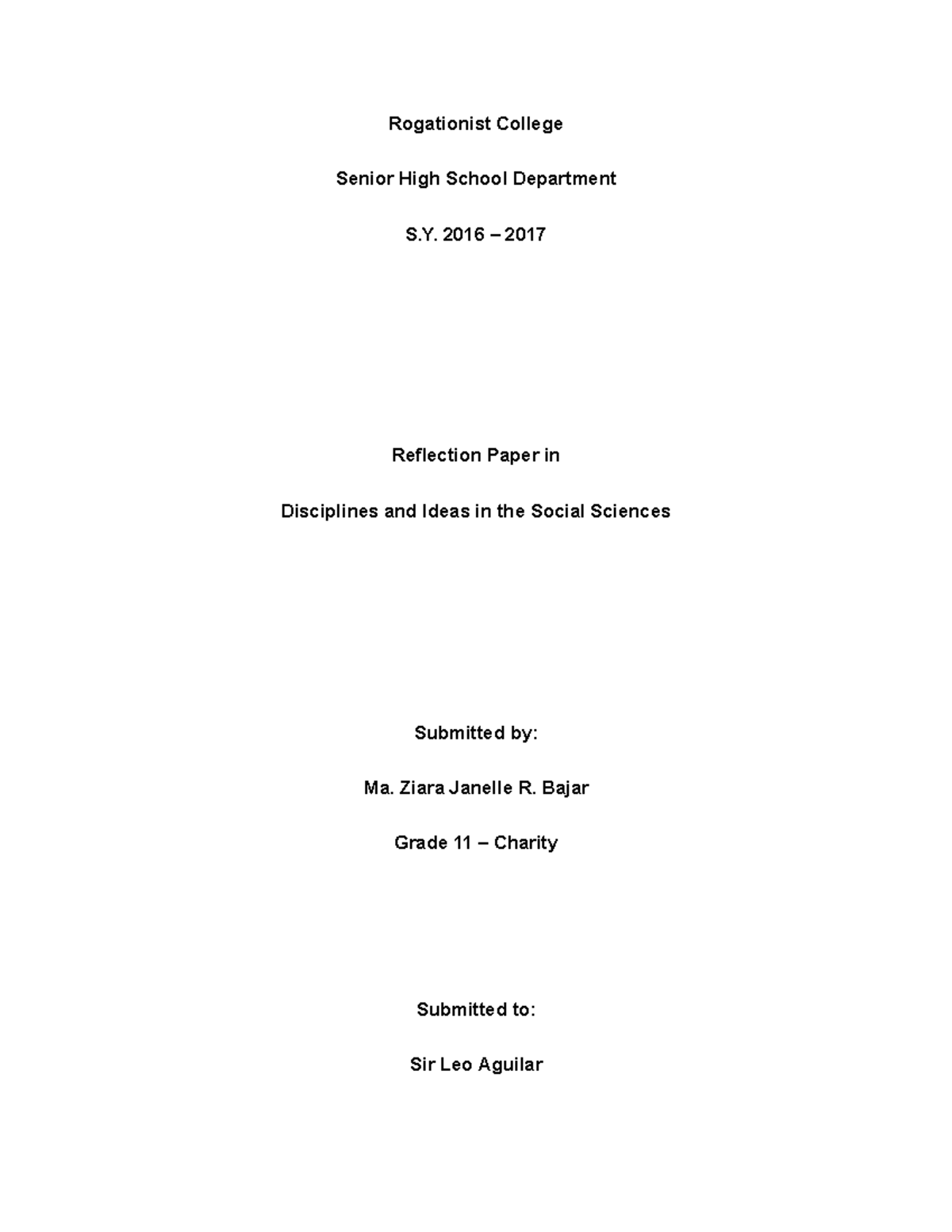 Diss Reflection Paper - gdfgdhghgjtgdf - Rogationist College Senior ...