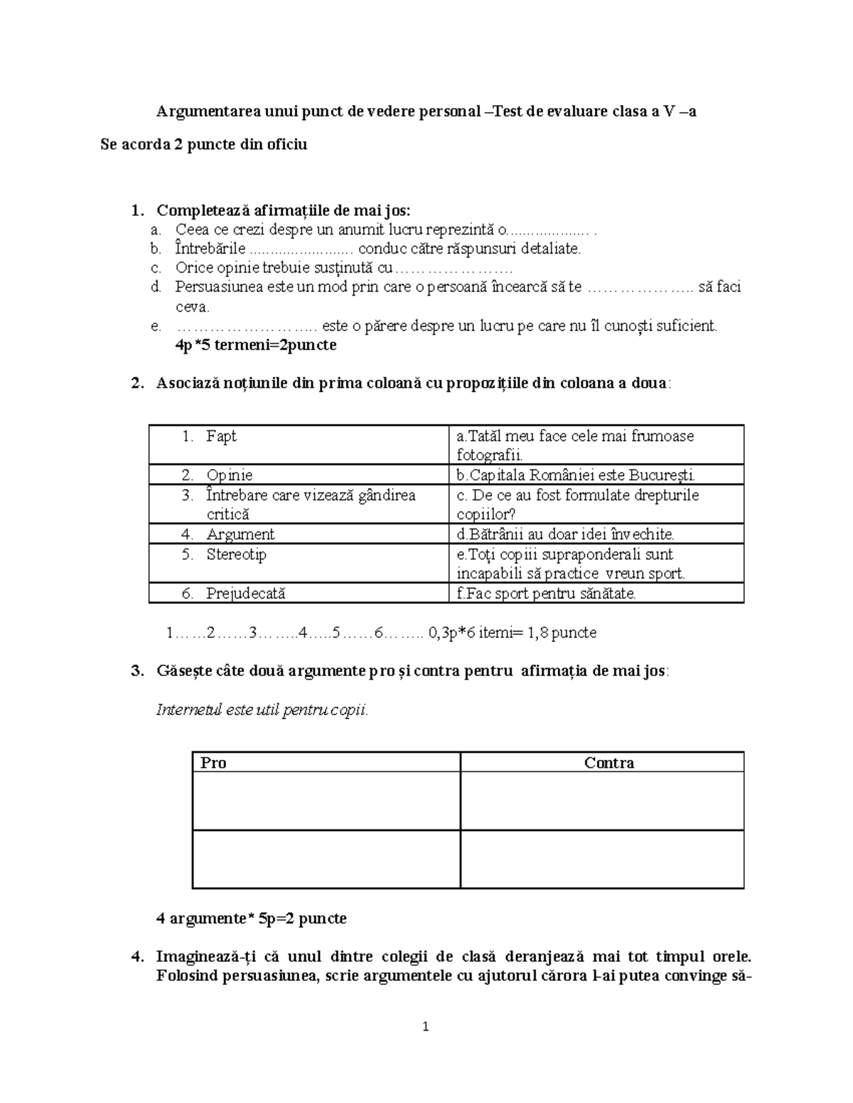 Argumentarea unui punct de vedere personaltest sumativ - Argumentarea ...