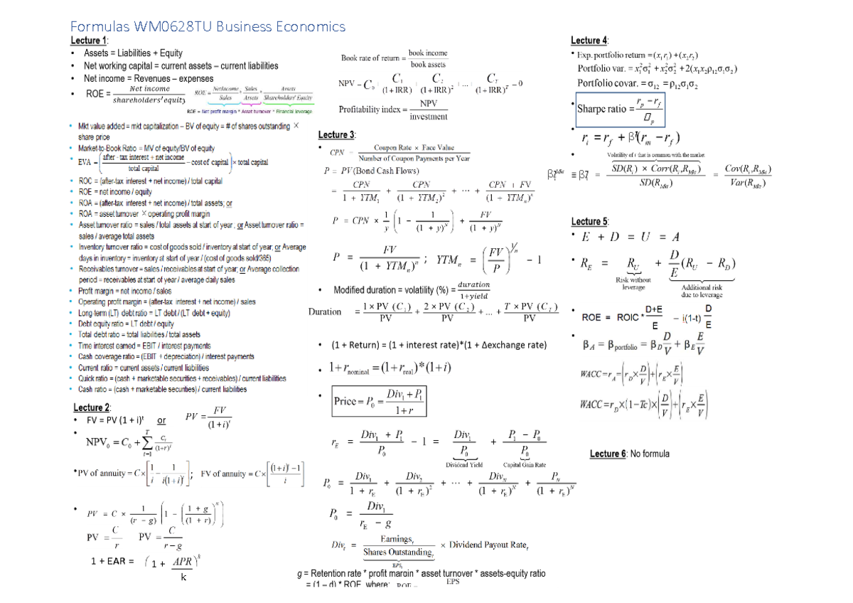Formula Sheet Business Economics plus Financial Engineering - 1 + EAR ...