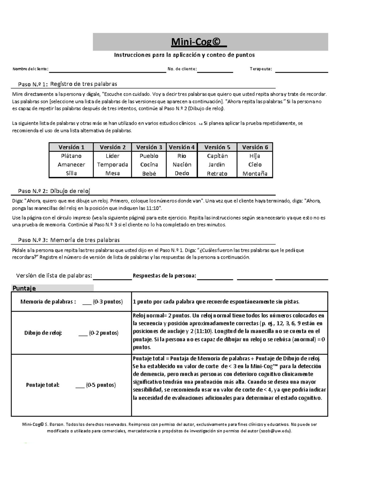 MINI COG FORMATO DE APLICACION TEST DE PRUEBAS COGNITIVAS - Nombre del ...