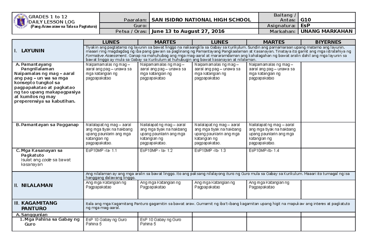 DLL - ESP 10 1ST Quarter - DLL - GRADES 1 to 12 DAILY LESSON LOG (Pang-Araw-araw na Tala sa ...