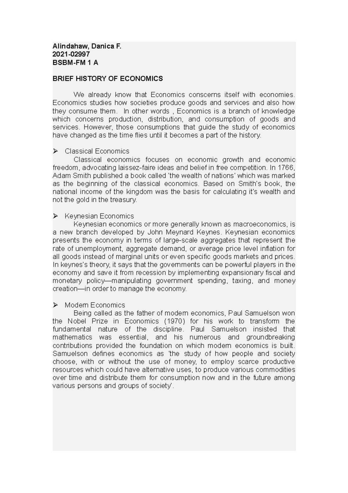 Brief History of Economics - Alindahaw, Danica F. 2021- BSBM-FM 1 A ...