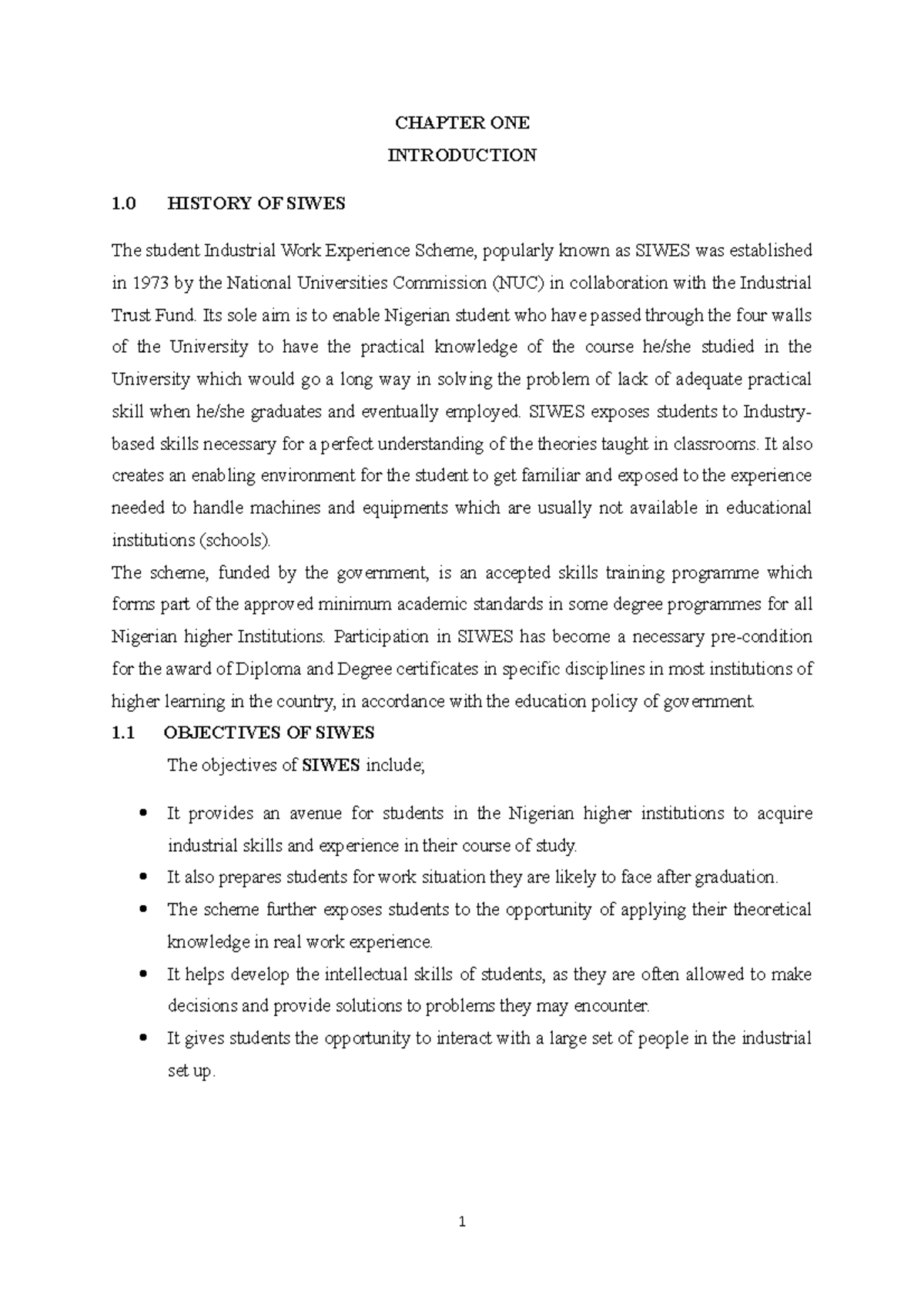 Aaron Siwes - Book - CHAPTER ONE INTRODUCTION 1 HISTORY OF SIWES The ...