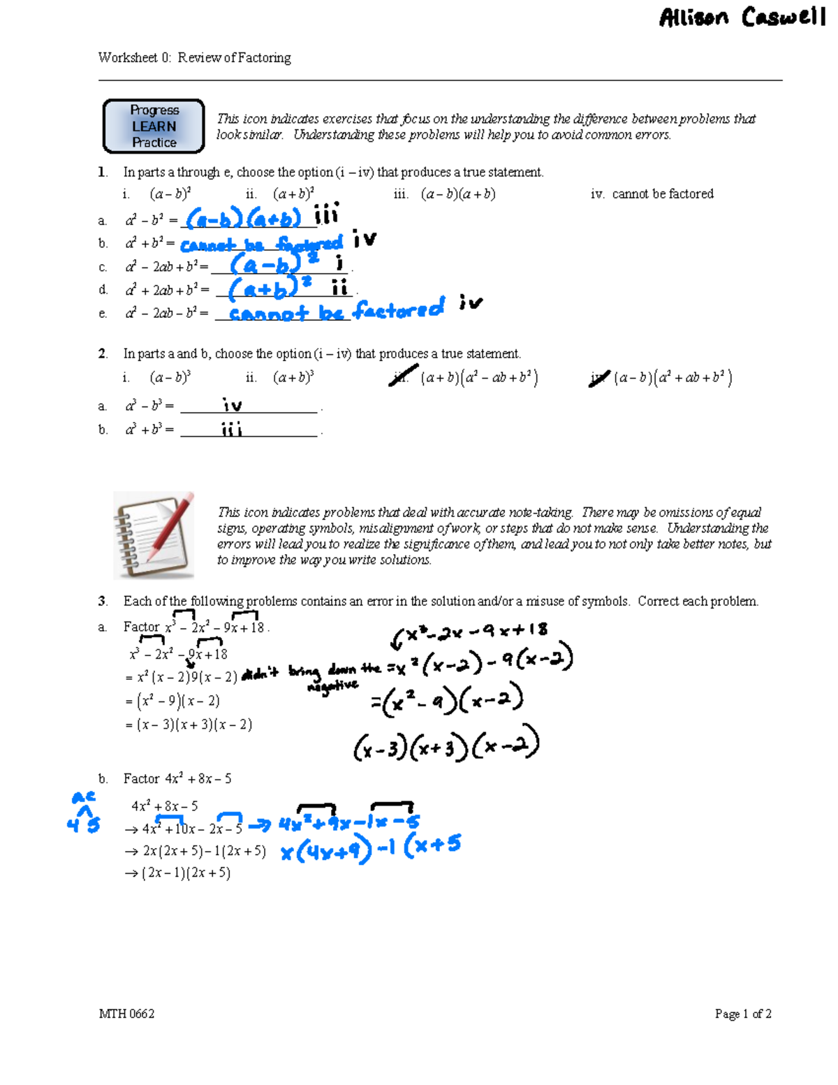 Worksheet 0-Review of Factoring - MTH 0662 Page 1 of 2 Worksheet 0 ...