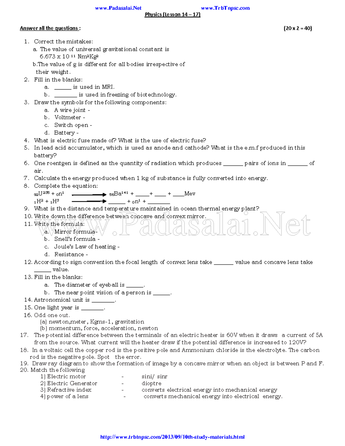 10th science study material em - Physics (Lesson 14 – 17) Answer all ...