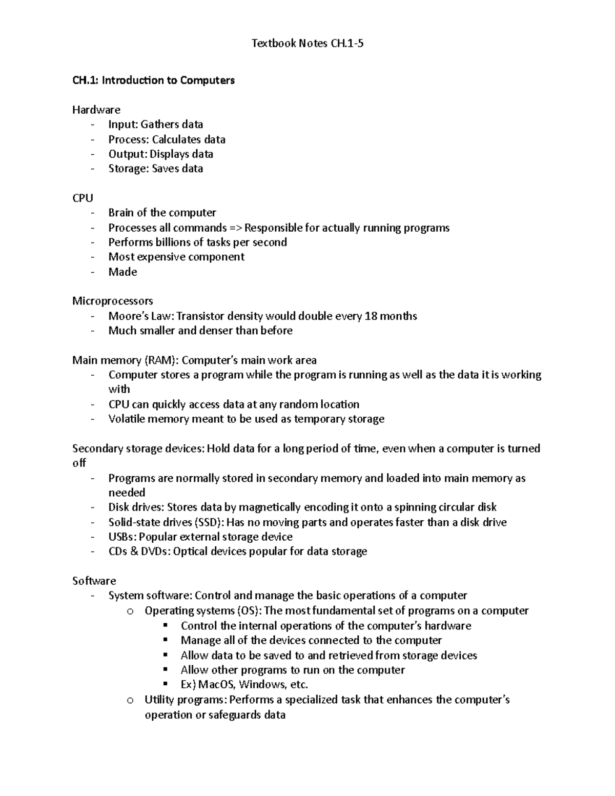 Lecture Notes CH.105 - CH: Introduction to Computers Hardware - Input ...