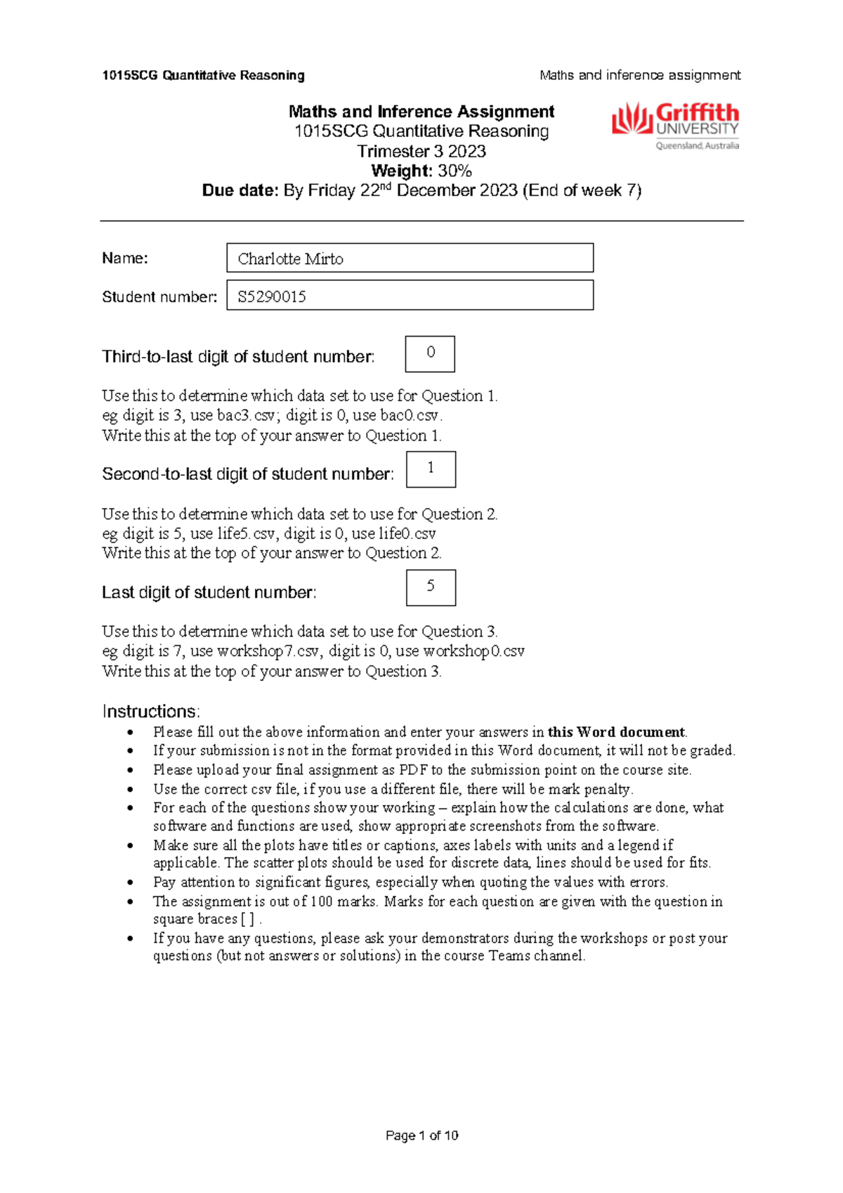 Maths and Inference Assignment - Maths and Inference Assignment 1015SCG Quantitative Reasoning ...