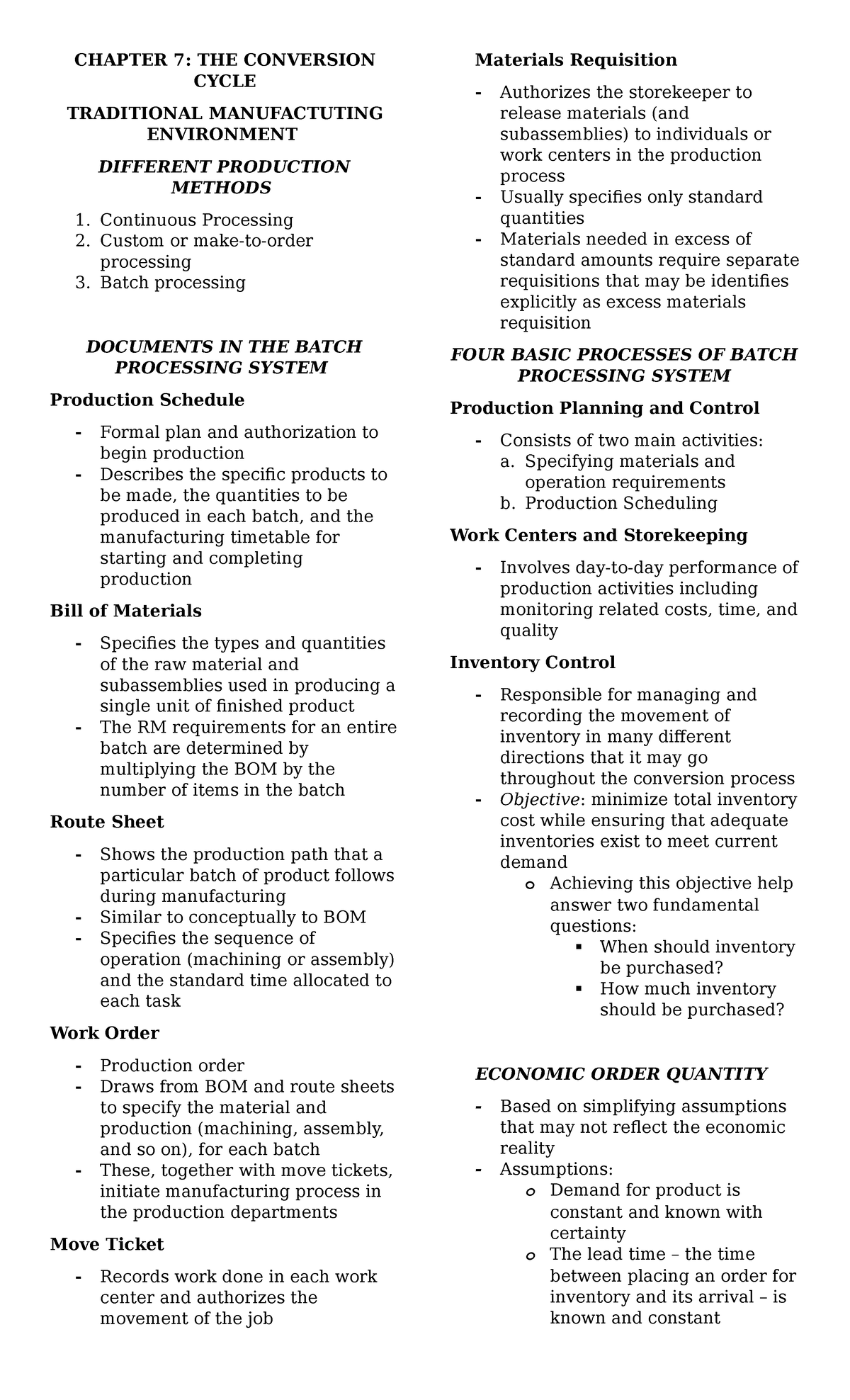 Chapter 7 - CHAPTER 7: THE CONVERSION CYCLE TRADITIONAL MANUFACTUTING ENVIRONMENT DIFFERENT ...