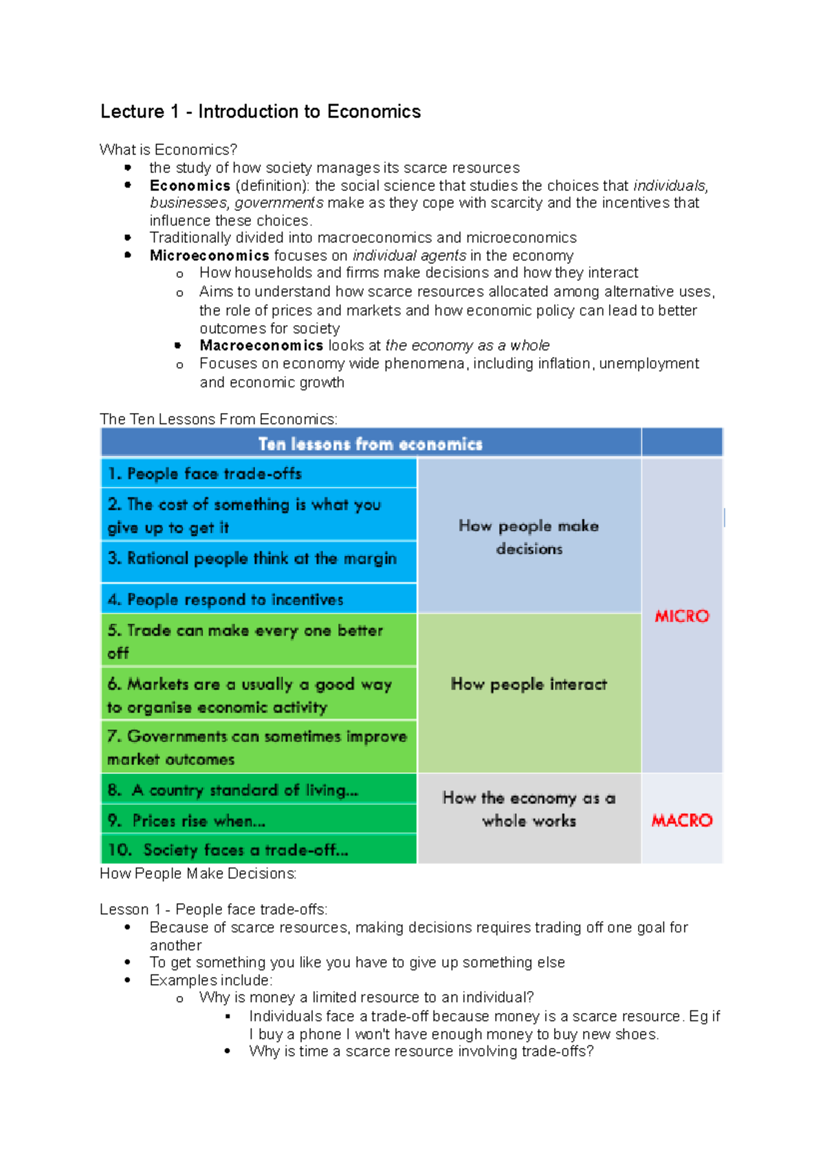 Microeconomics Notes (Lec 1-6) - Lecture 1 - Introduction to Economics ...