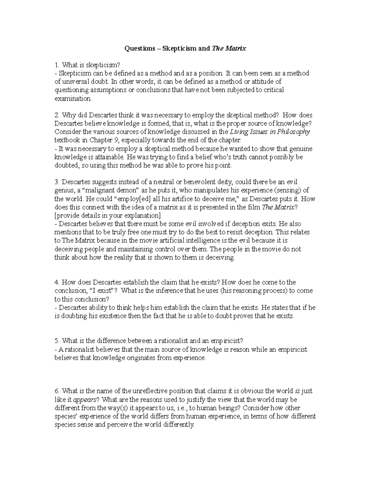 Questions - Skepticism and The Matrix - B(2) - Questions – Skepticism ...