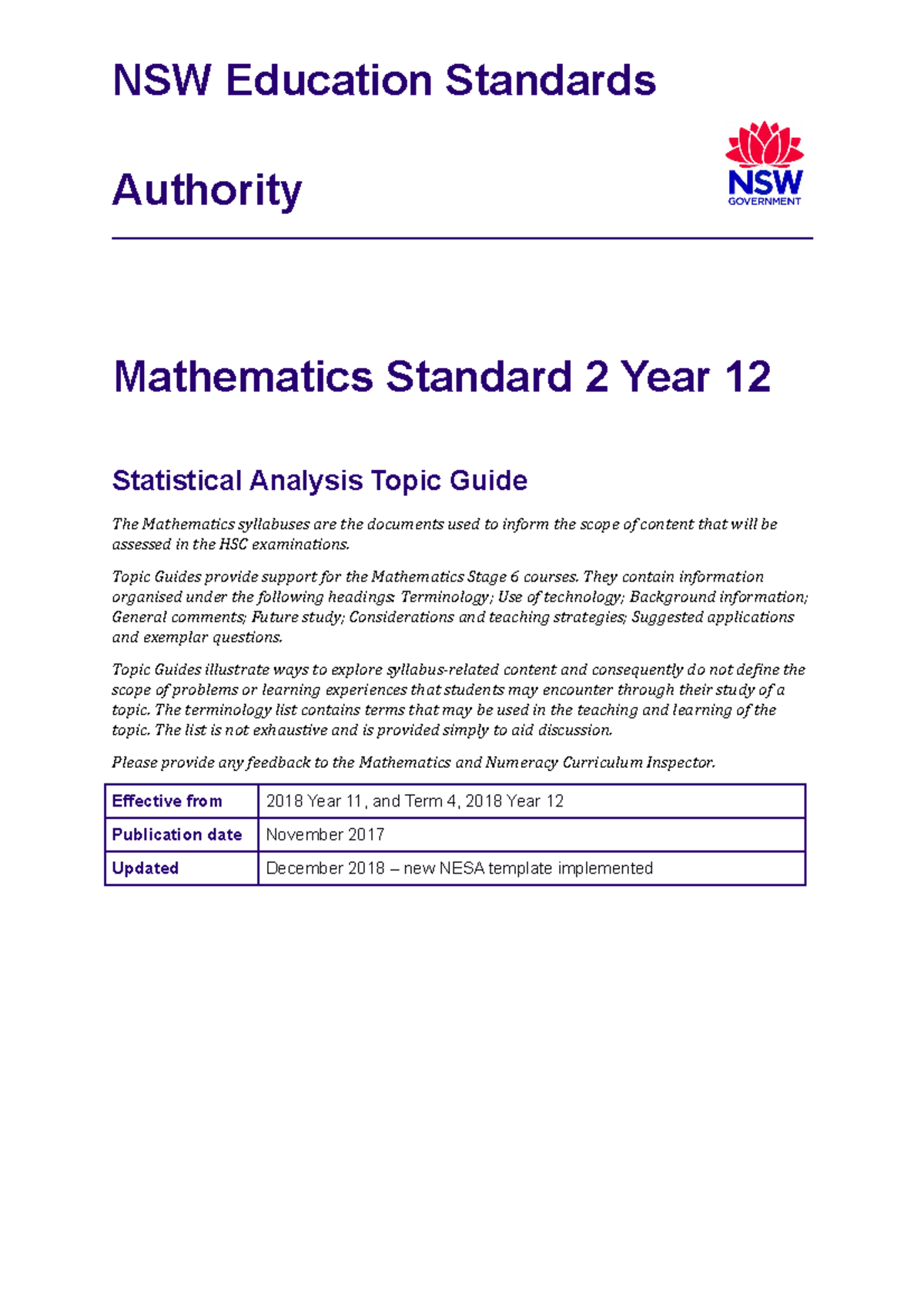 Mathematics standard 2 year 12 topic guide statistical analysis - NSW ...