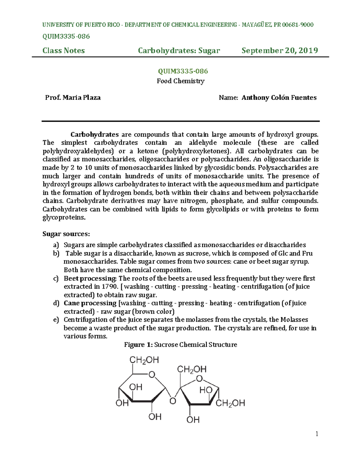 Class Notes Carbohydrates Sugars [2019 ] - QUIM3335- Class Notes ...