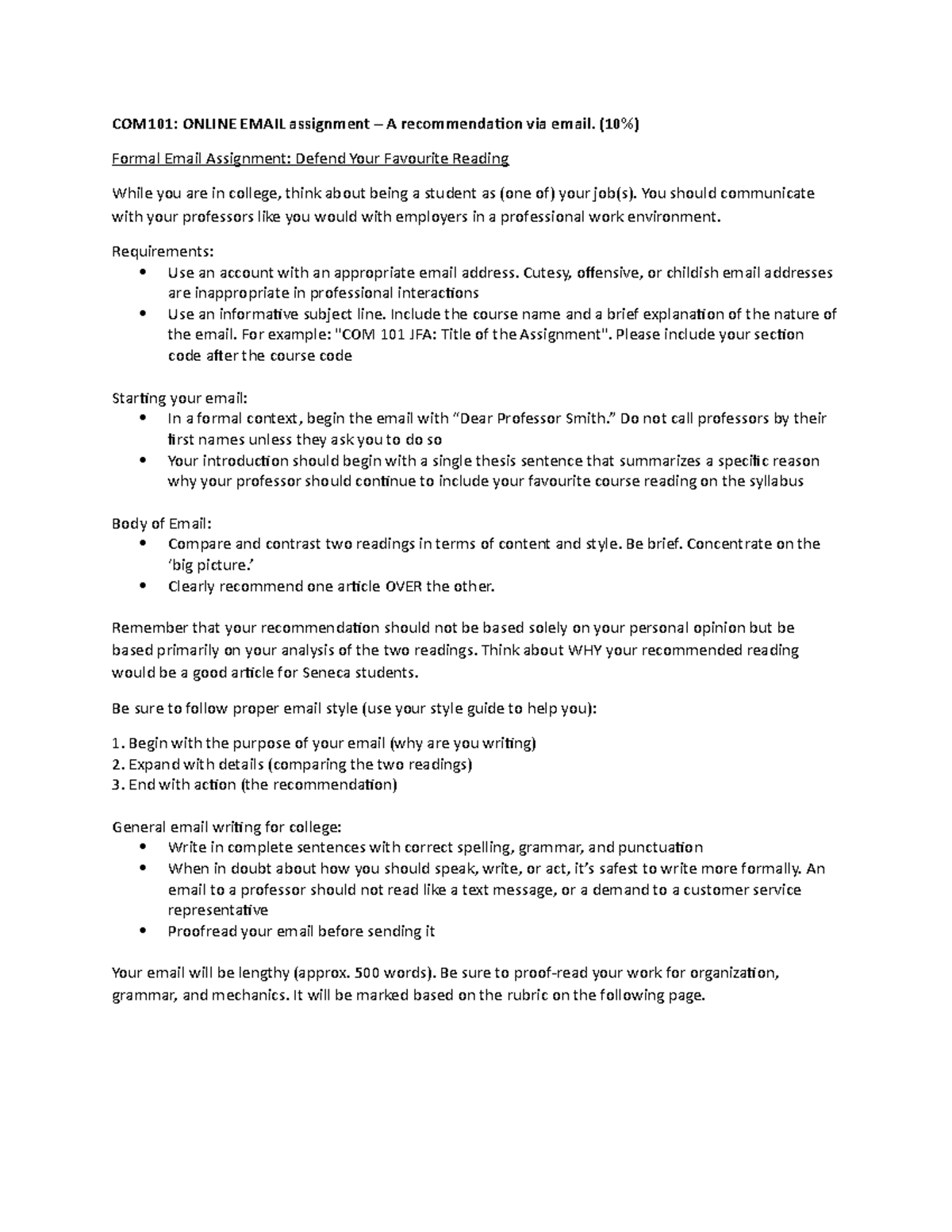 COM Email Assignment and Rubric - COM101: ONLINE EMAIL assignment – A ...
