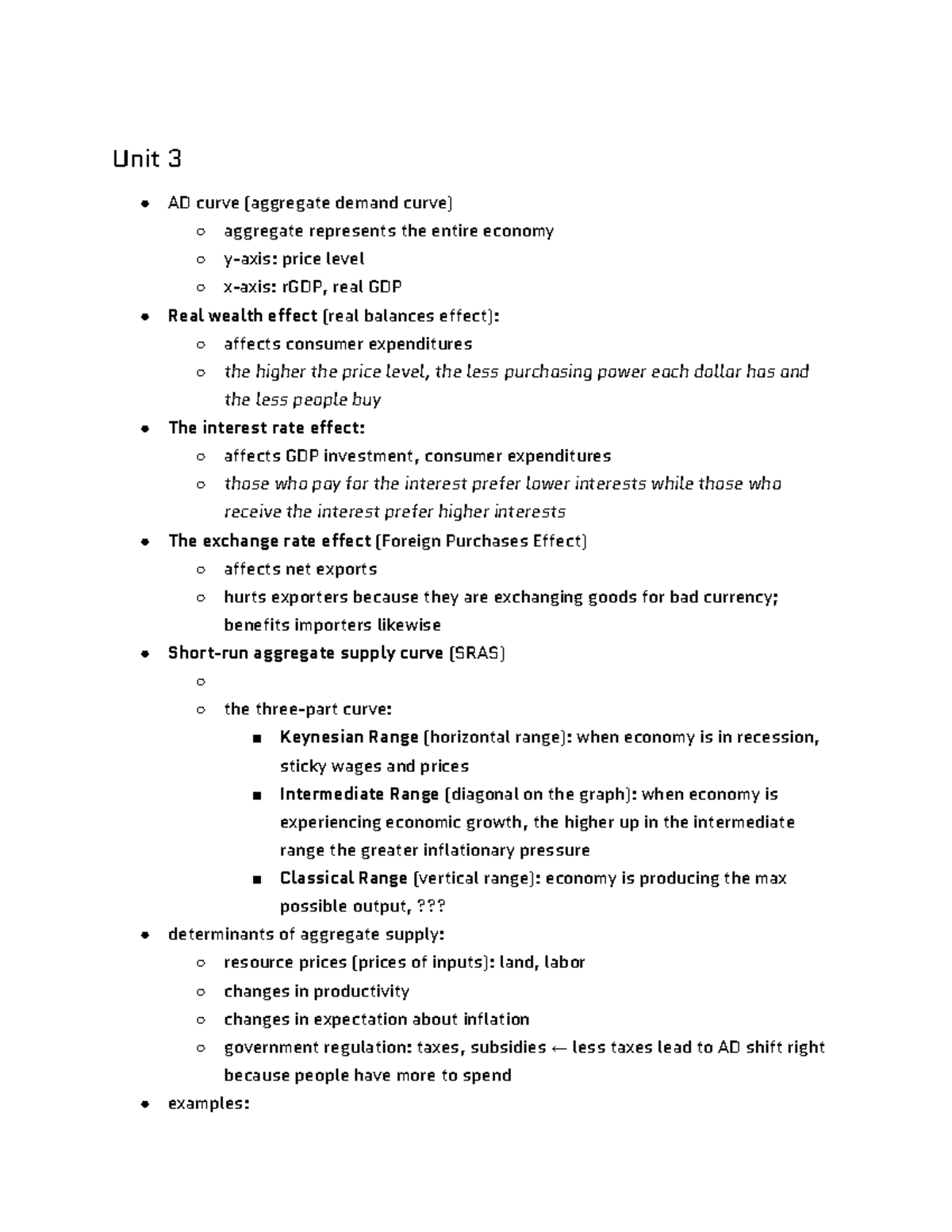 Macro Notes Unit 3 (1 of 3) - Unit 3 AD curve (aggregate demand curve ...
