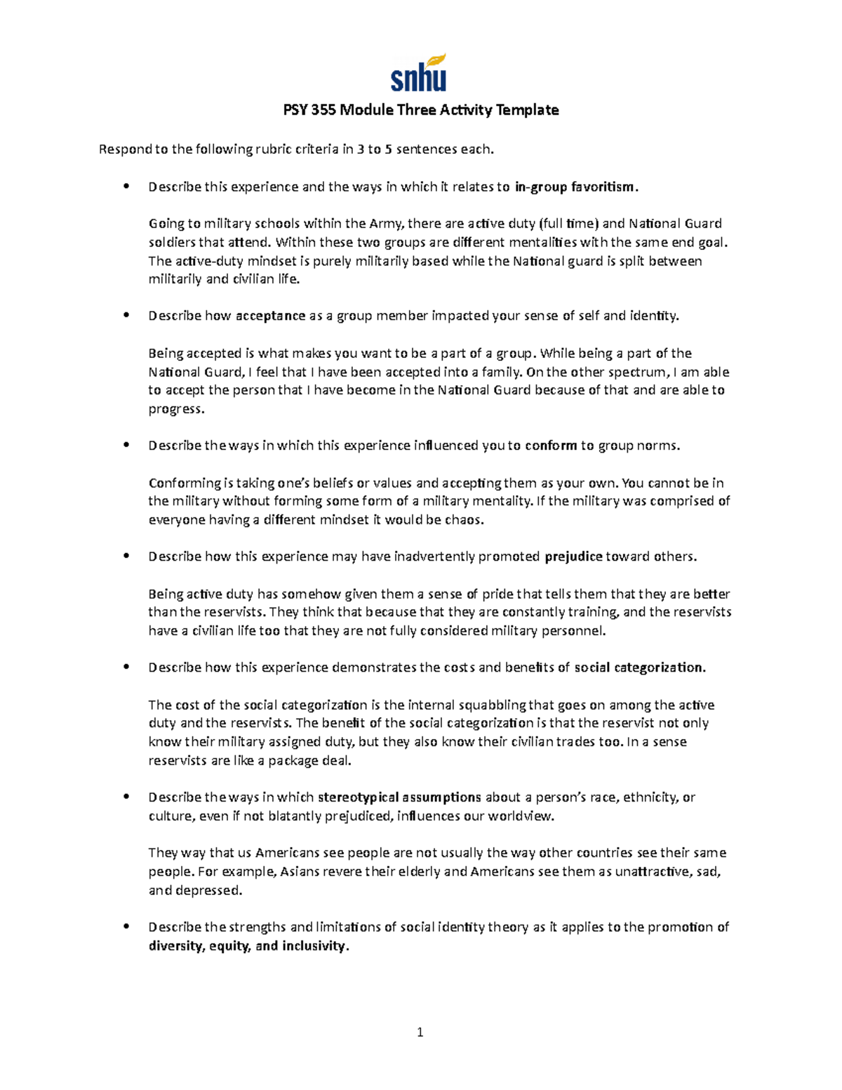 PSY 355 Module Three Activity - Describe this experience and the ways ...